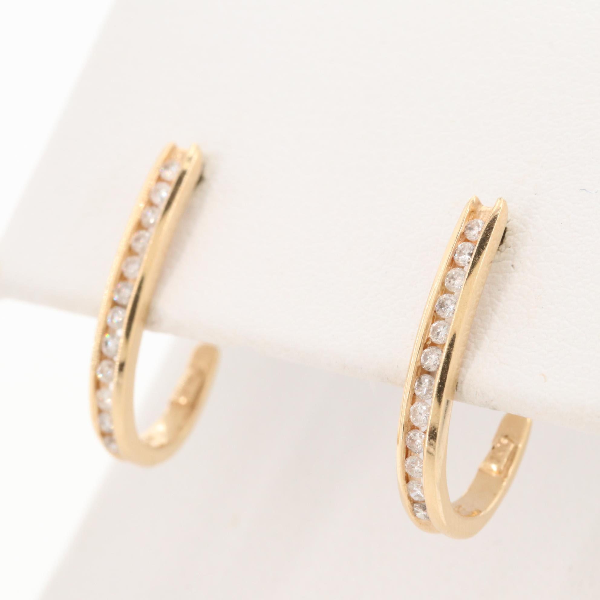 14K Yellow Gold Diamond J Hoop Earrings | EBTH