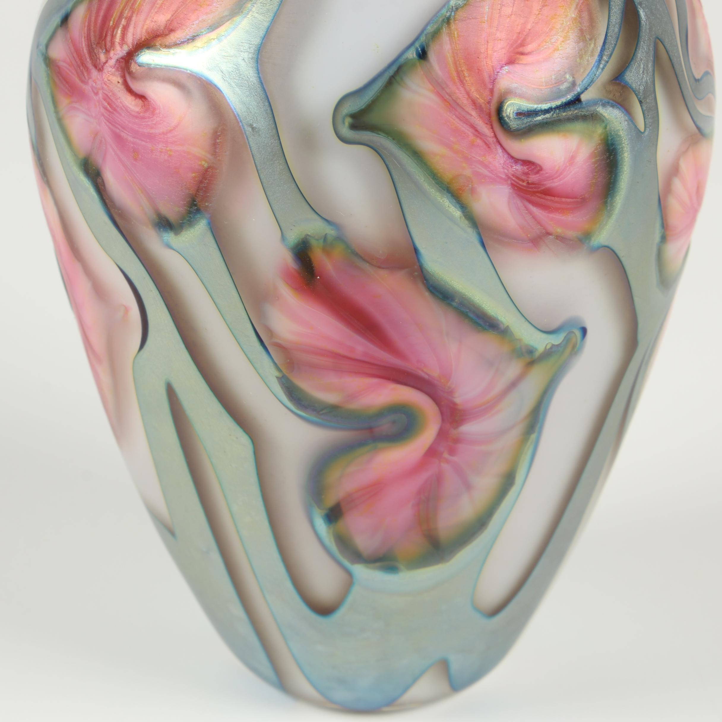 John Lotton Iridescent Floral Motif Art Glass Vase, 1992 | EBTH
