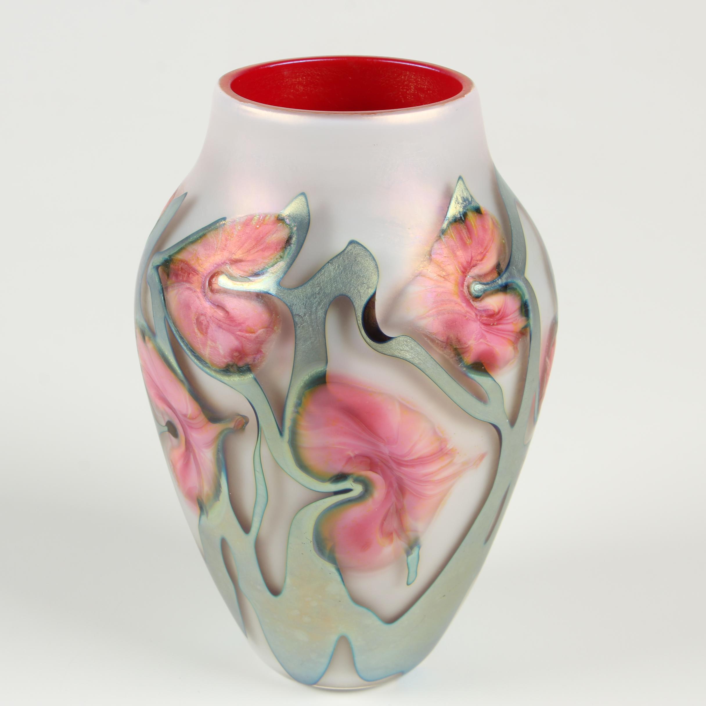 John Lotton Iridescent Floral Motif Art Glass Vase, 1992 | EBTH