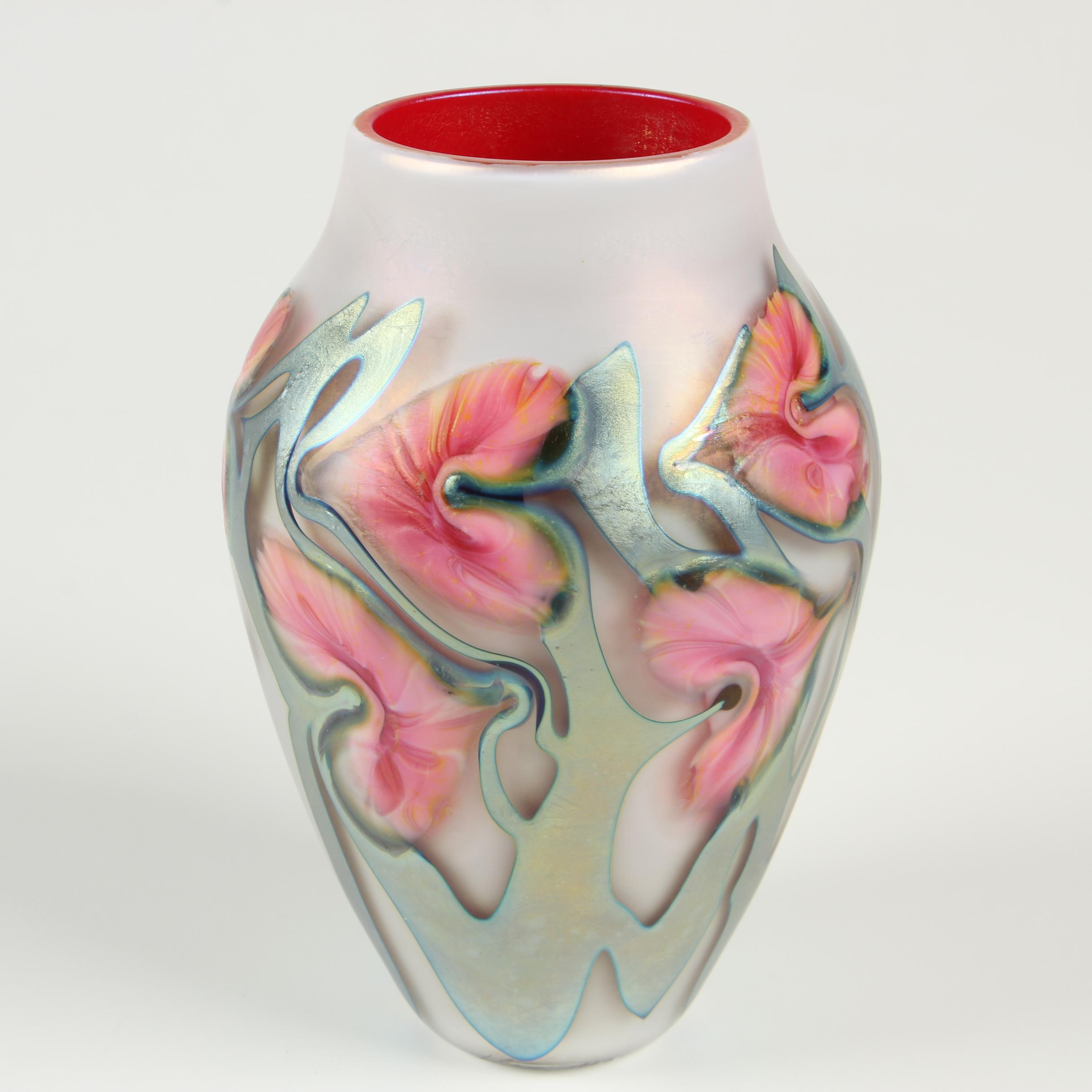 John Lotton Iridescent Floral Motif Art Glass Vase, 1992 | EBTH