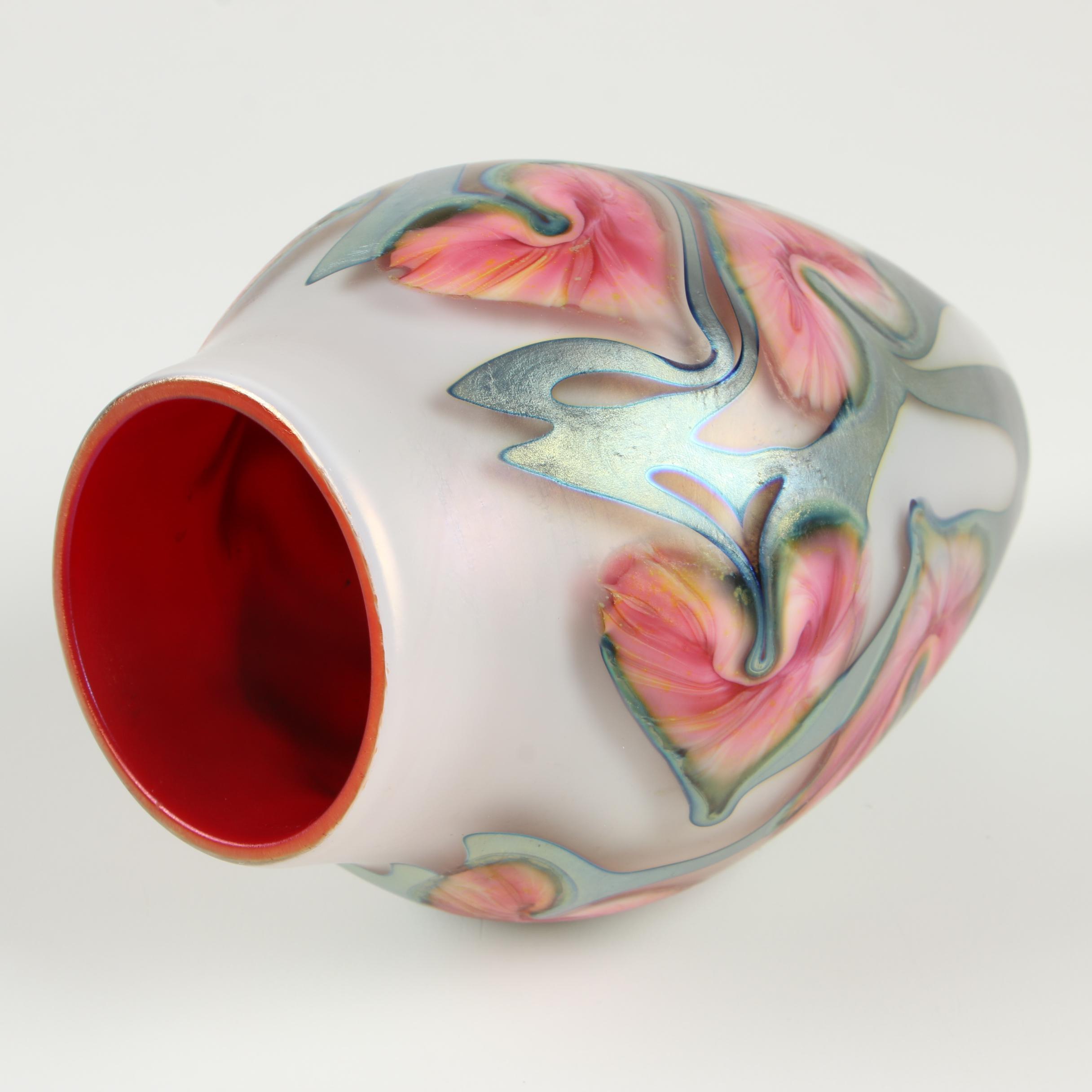 John Lotton Iridescent Floral Motif Art Glass Vase, 1992 | EBTH
