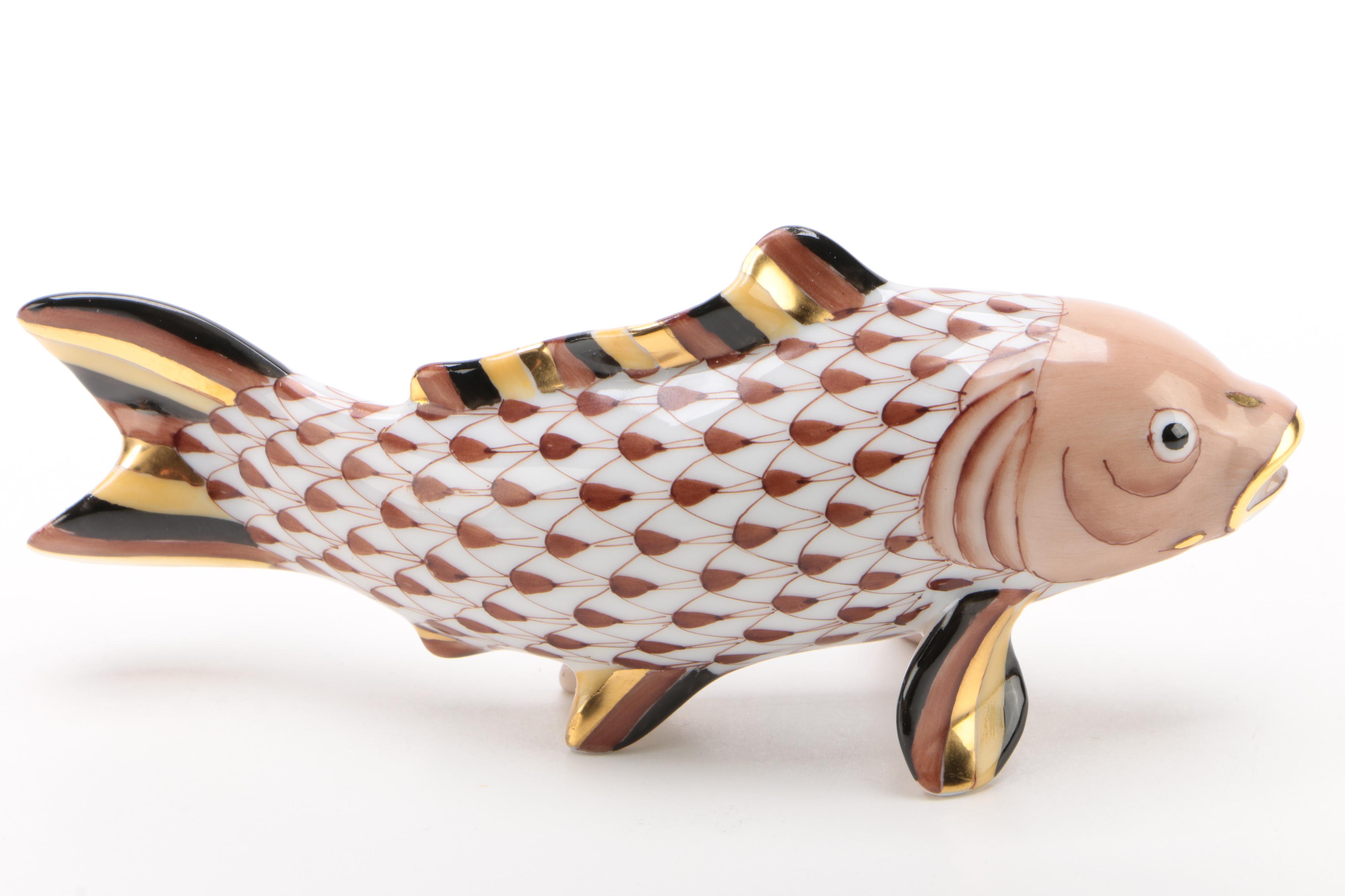 Herend Chocolate Fishnet with Gold "Carp Koi Fish" Porcelain Figurine ...