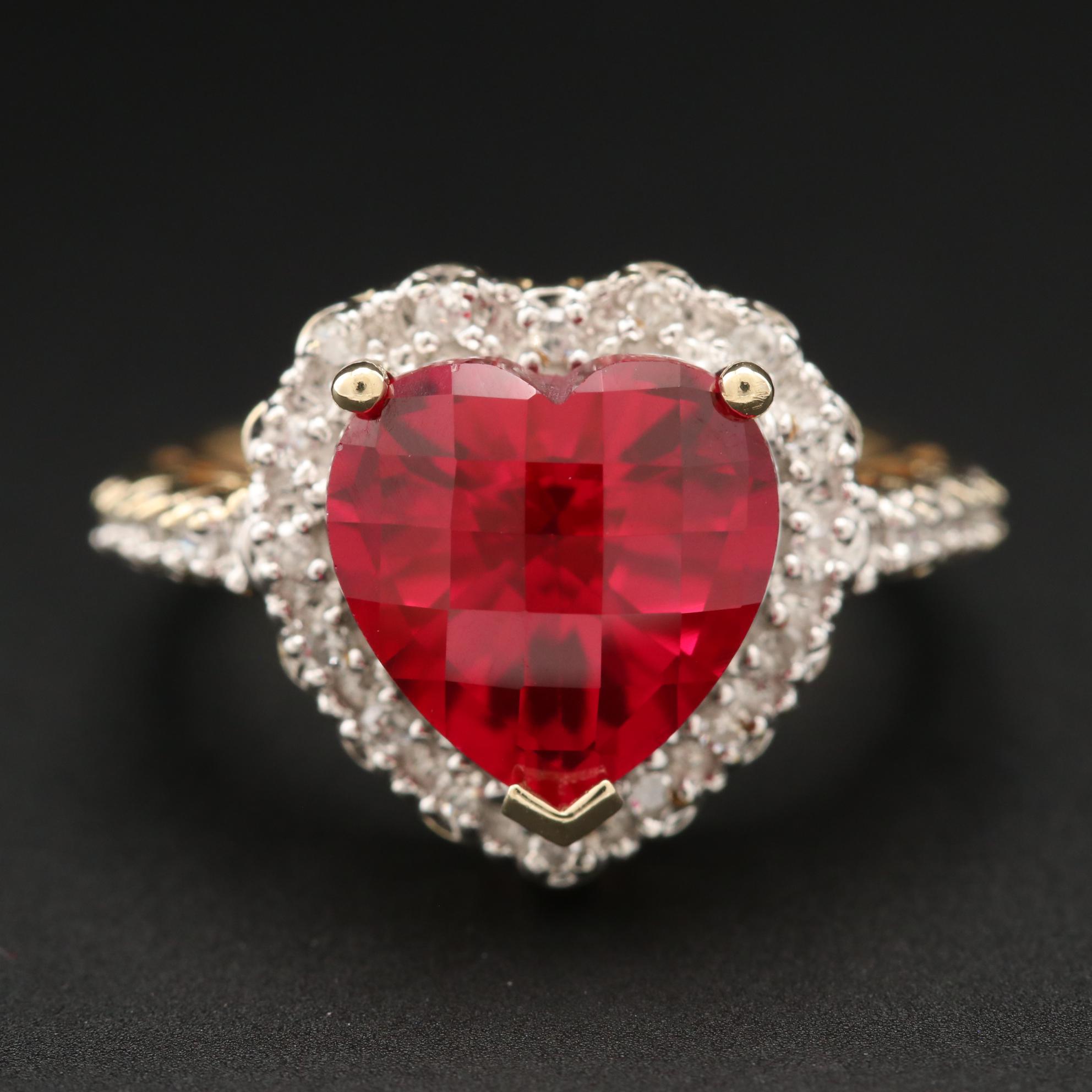 10K Yellow Gold Ruby and Diamond Heart Motif Ring | EBTH