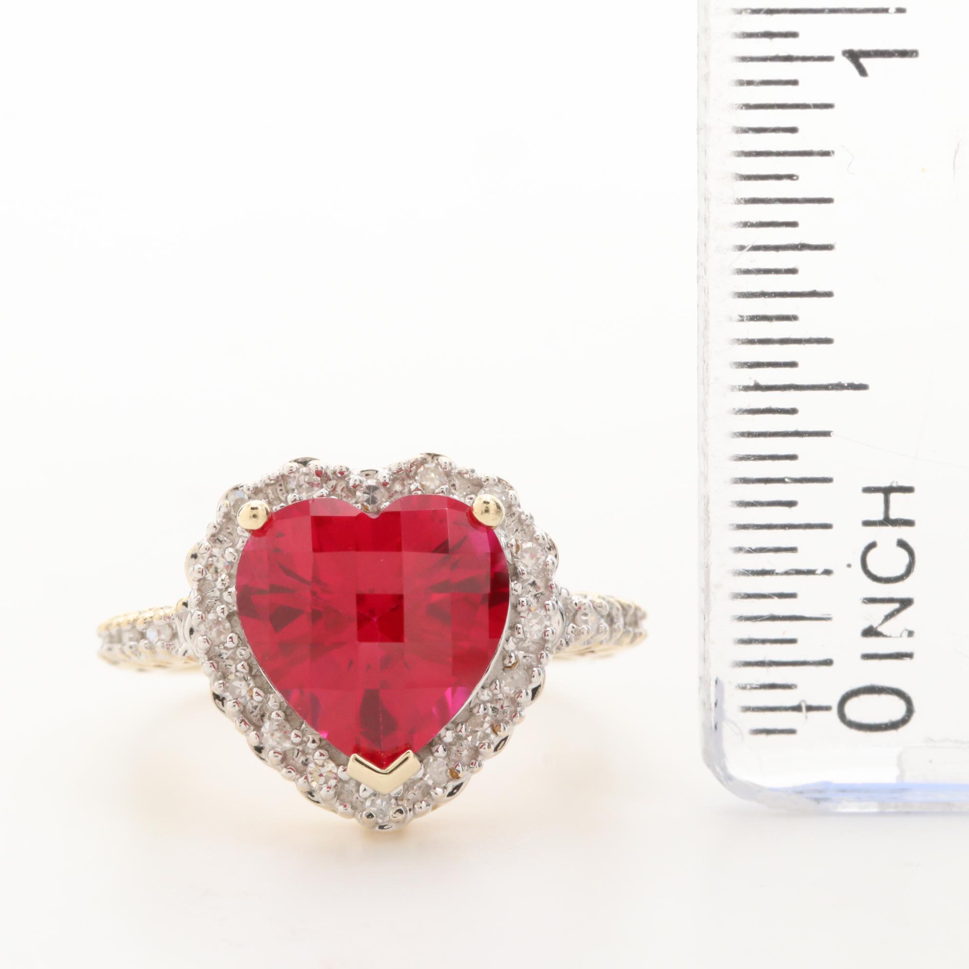 10K Yellow Gold Ruby and Diamond Heart Motif Ring | EBTH