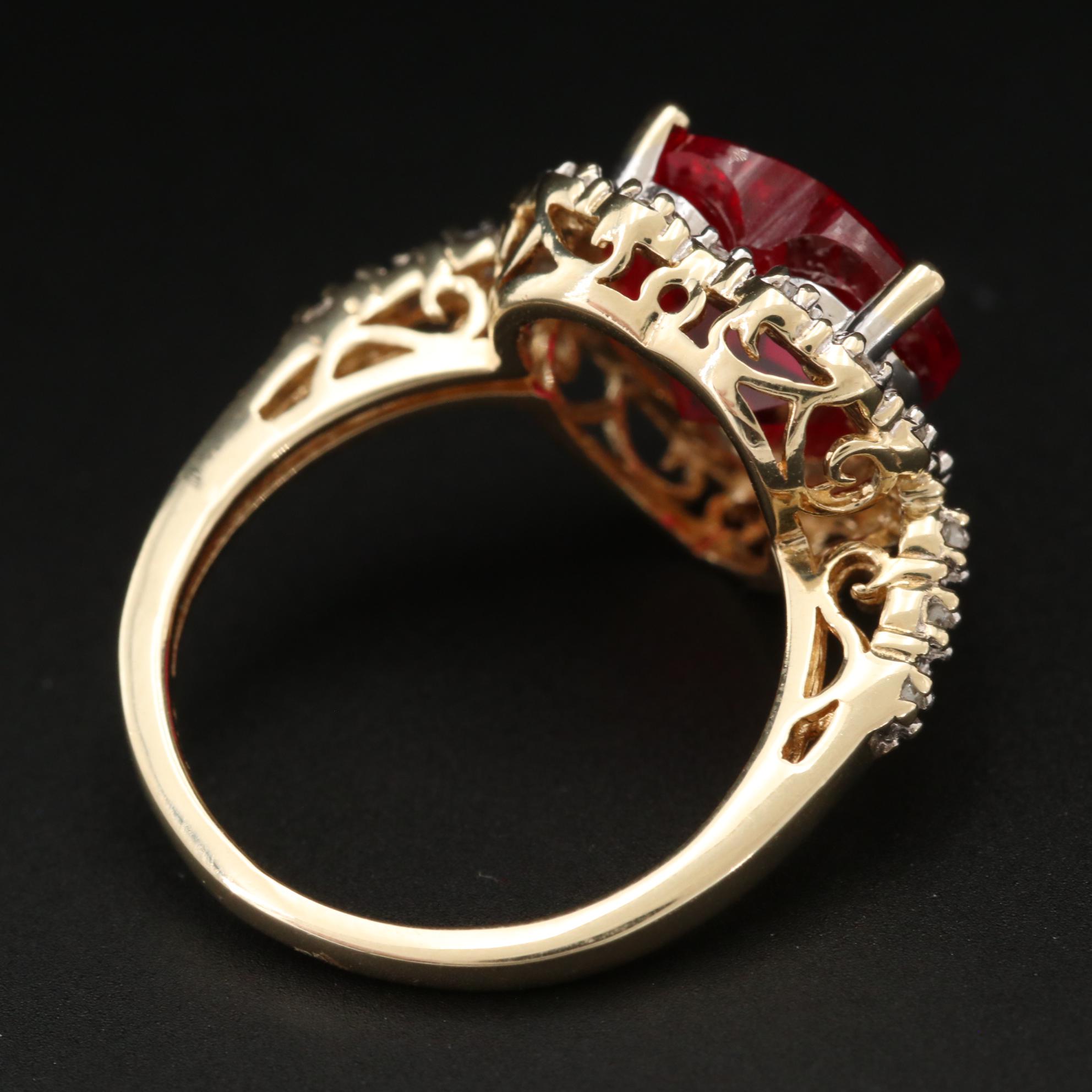 10K Yellow Gold Ruby and Diamond Heart Motif Ring | EBTH