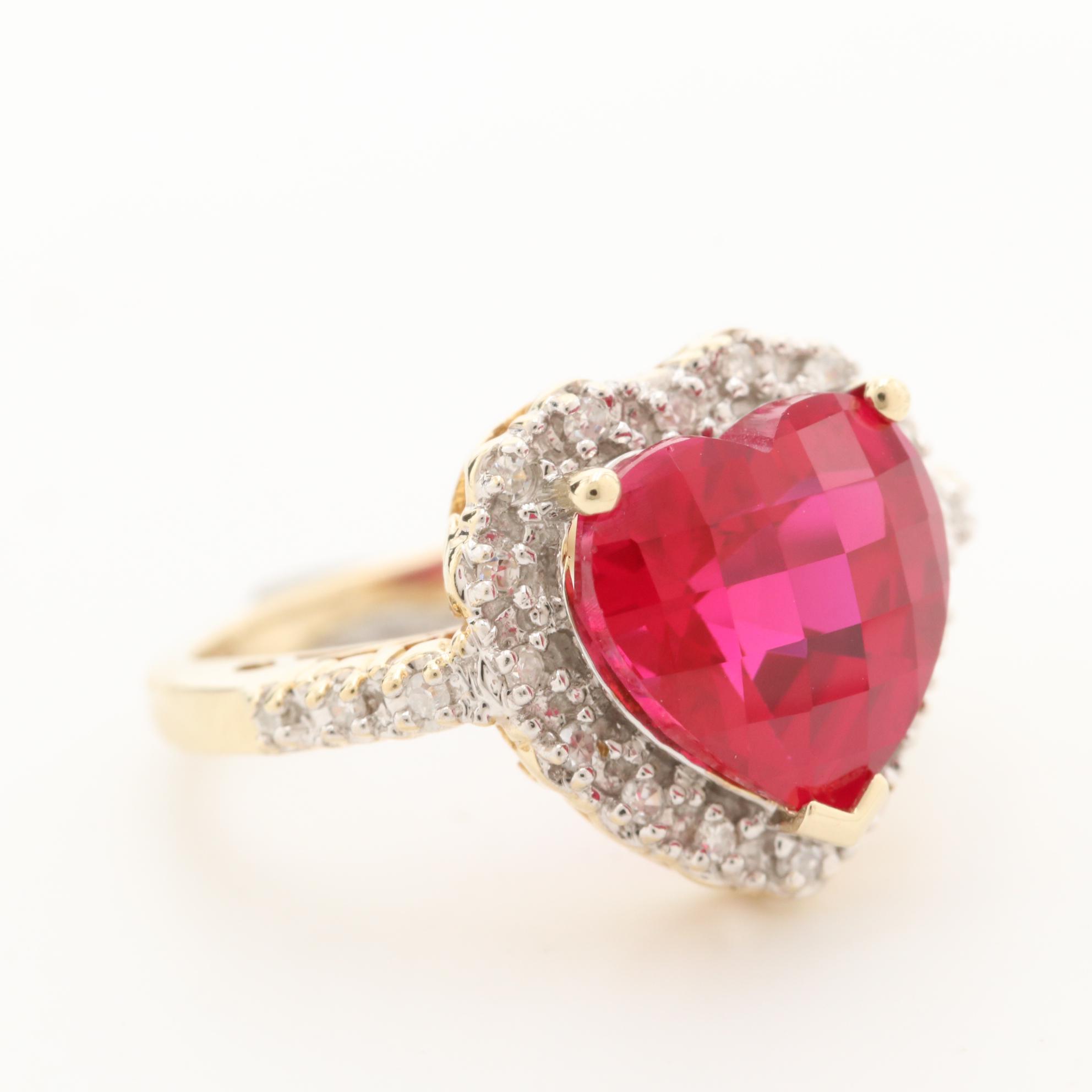 10K Yellow Gold Ruby and Diamond Heart Motif Ring | EBTH