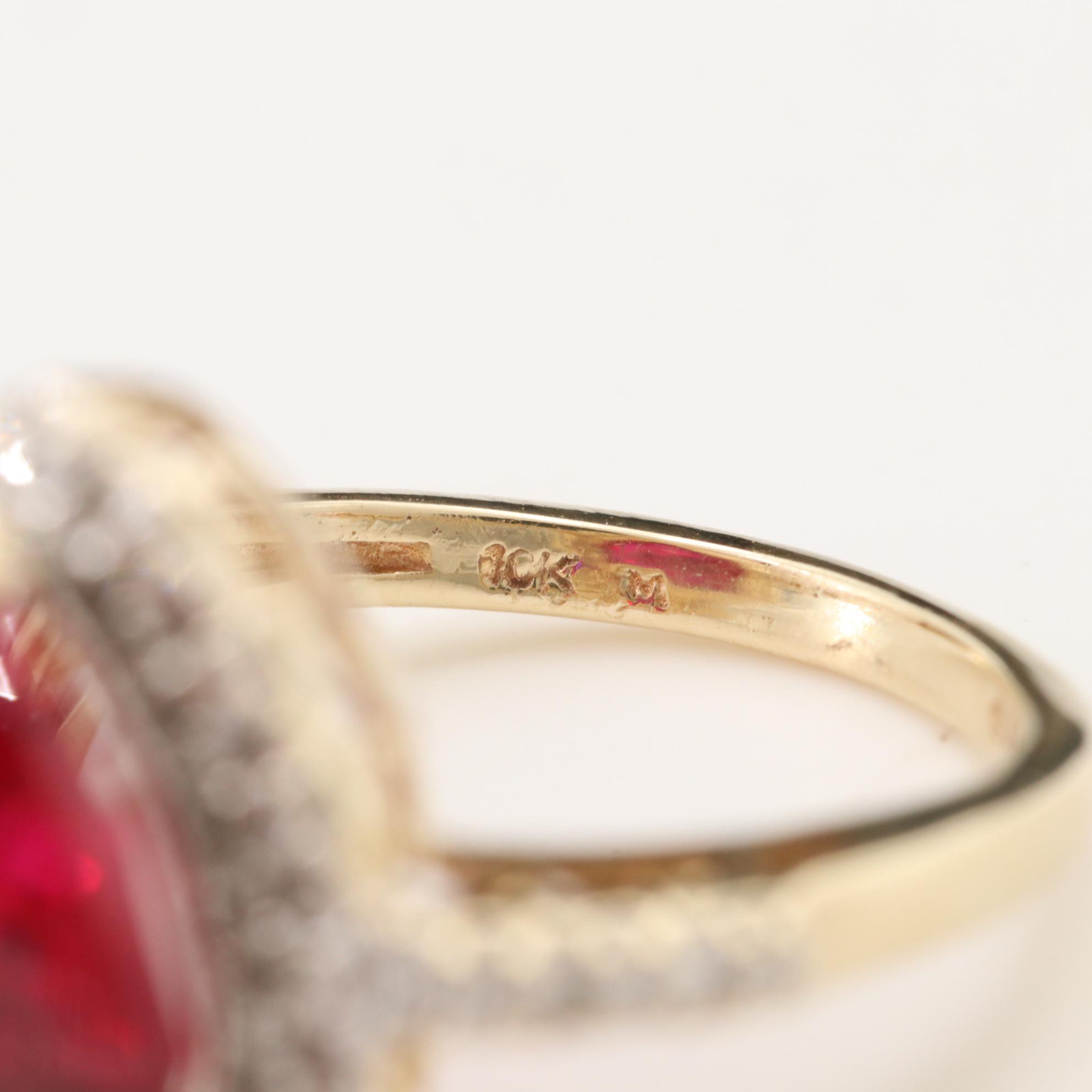 10K Yellow Gold Ruby and Diamond Heart Motif Ring | EBTH