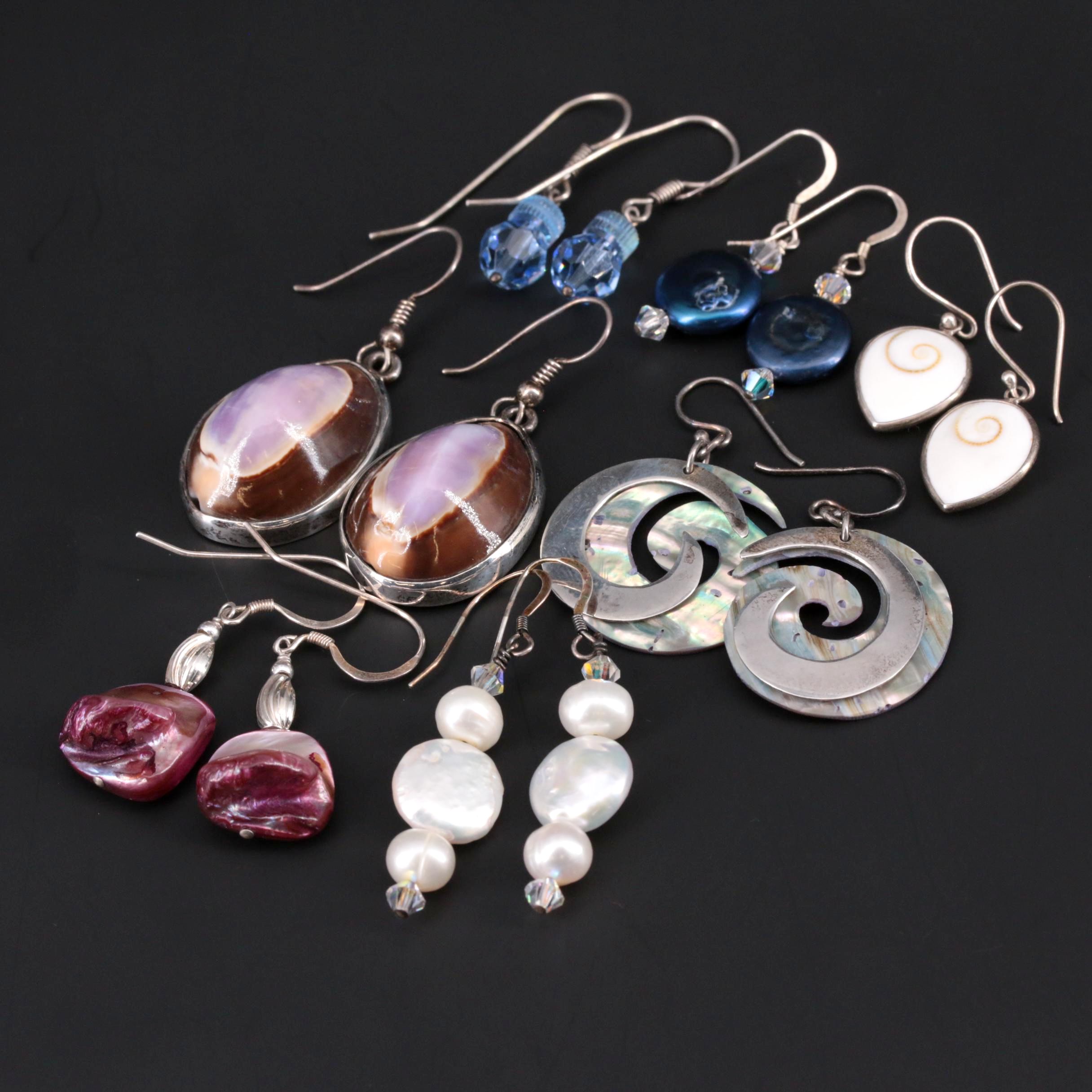 Sterling Silver Drop Earrings With Abalone, Cultured Pearl and Shell | EBTH
