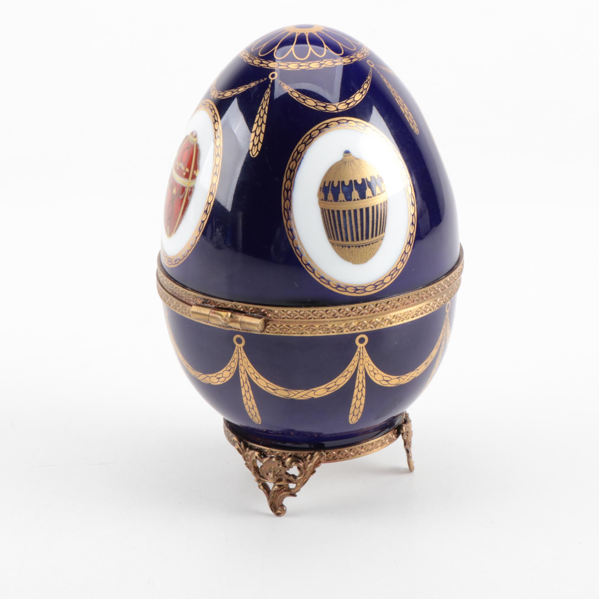 Faberge Limoges Egg Music Box with Gilt Sterling Silver Interior and ...