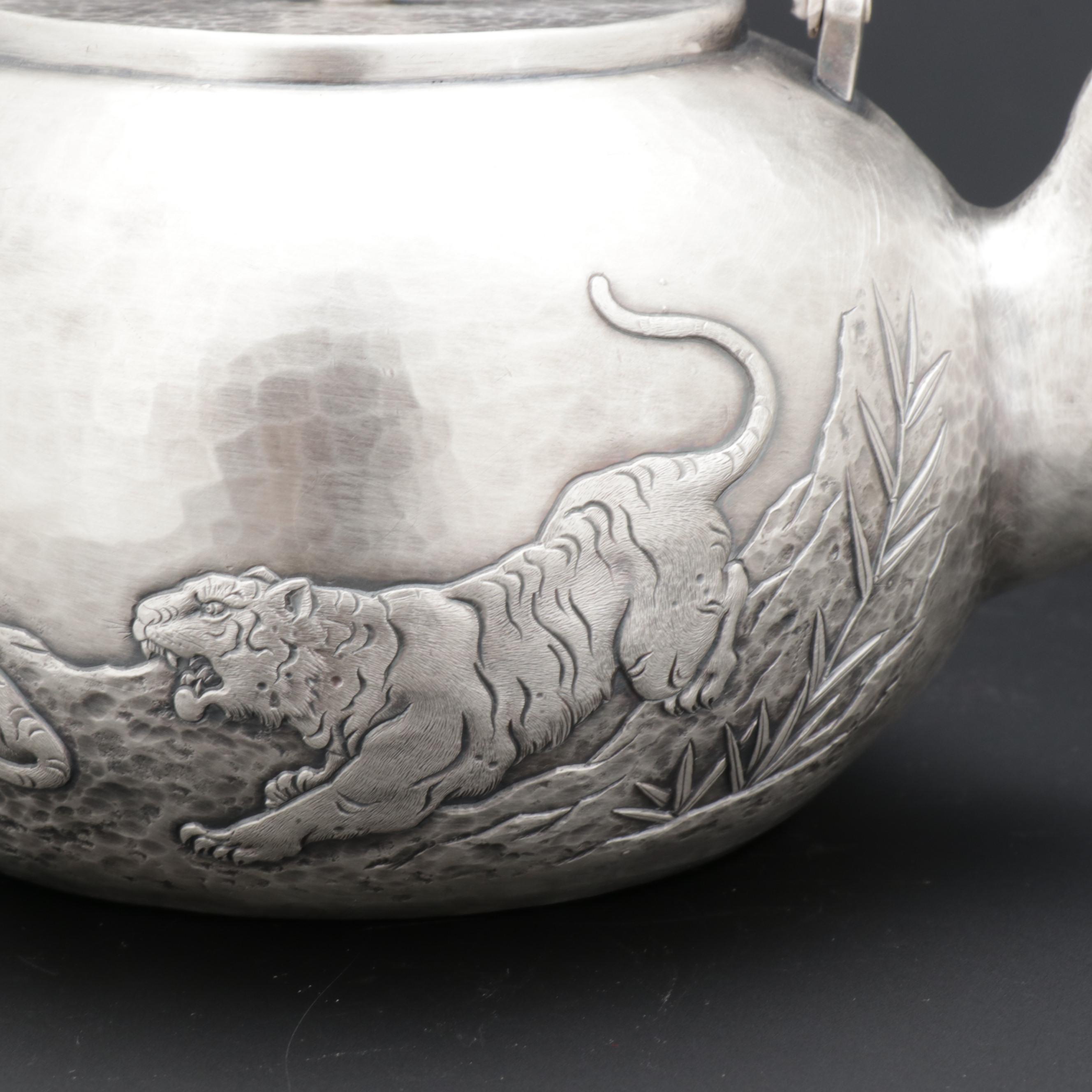 Konoike Silversmiths Fine Silver Repoussé Tiger Teapot, Meiji Period | EBTH