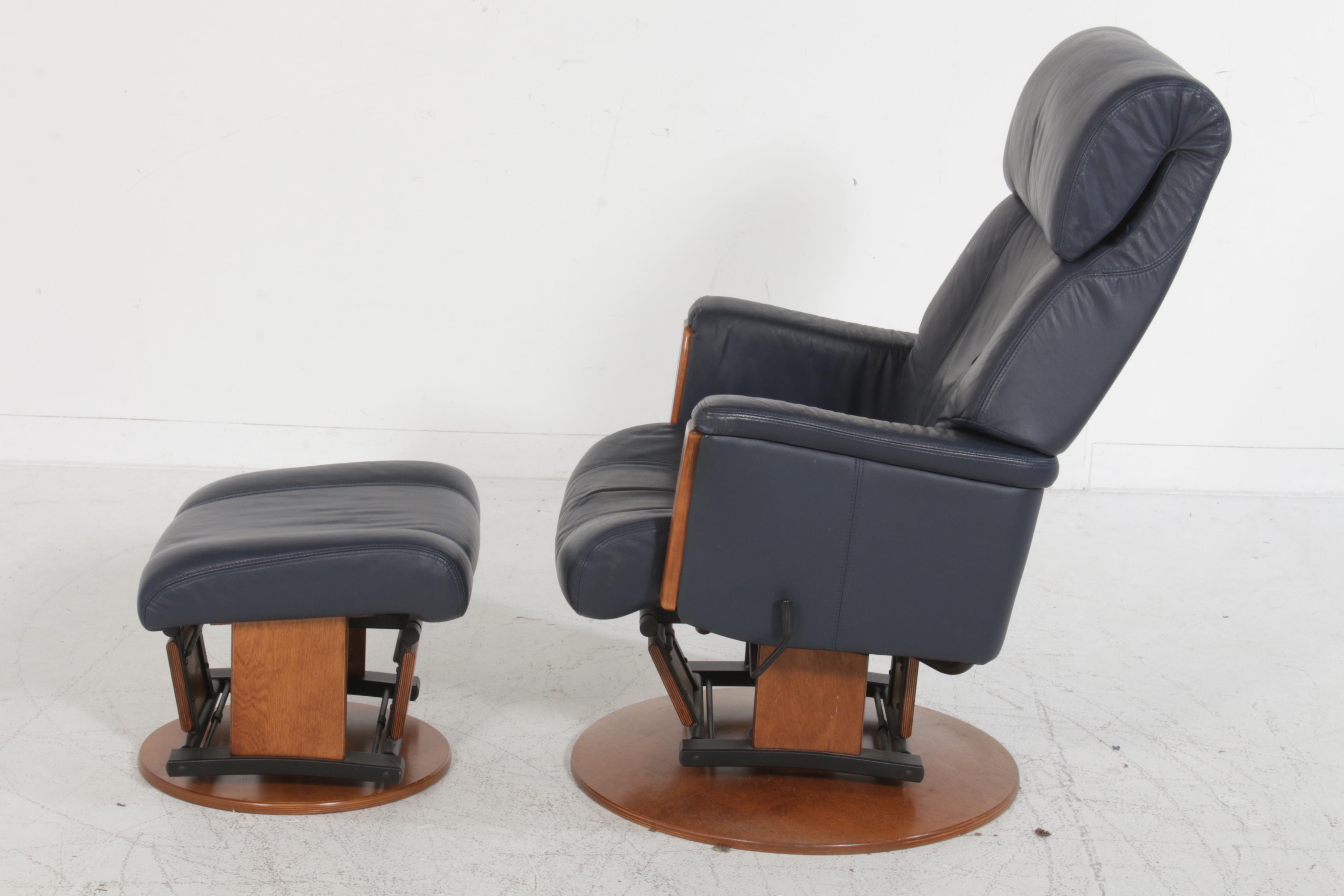 Avantglide Navy Leather Lounge Chair and Ottoman | EBTH