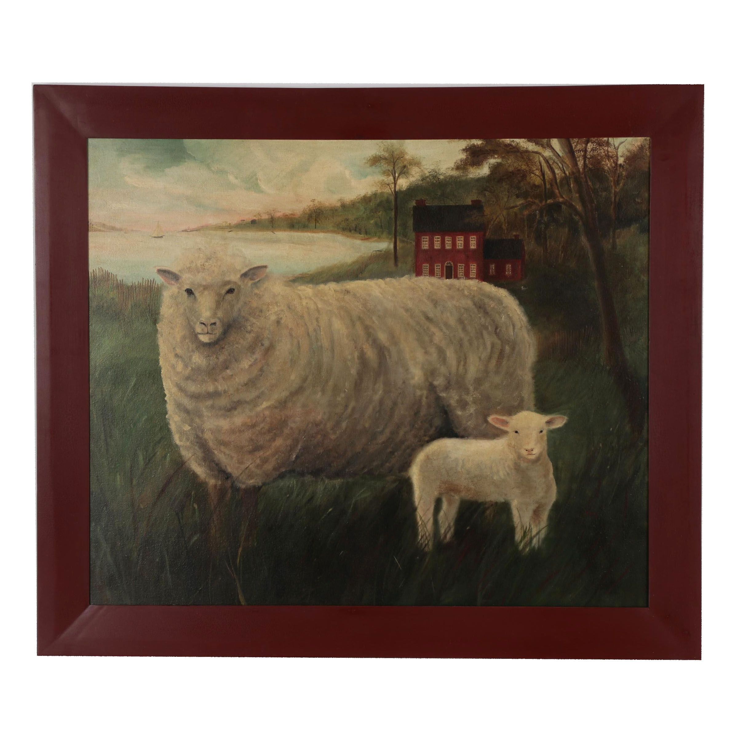Elizabeth Gilkey Folk Art Oil Painting of Sheep | EBTH