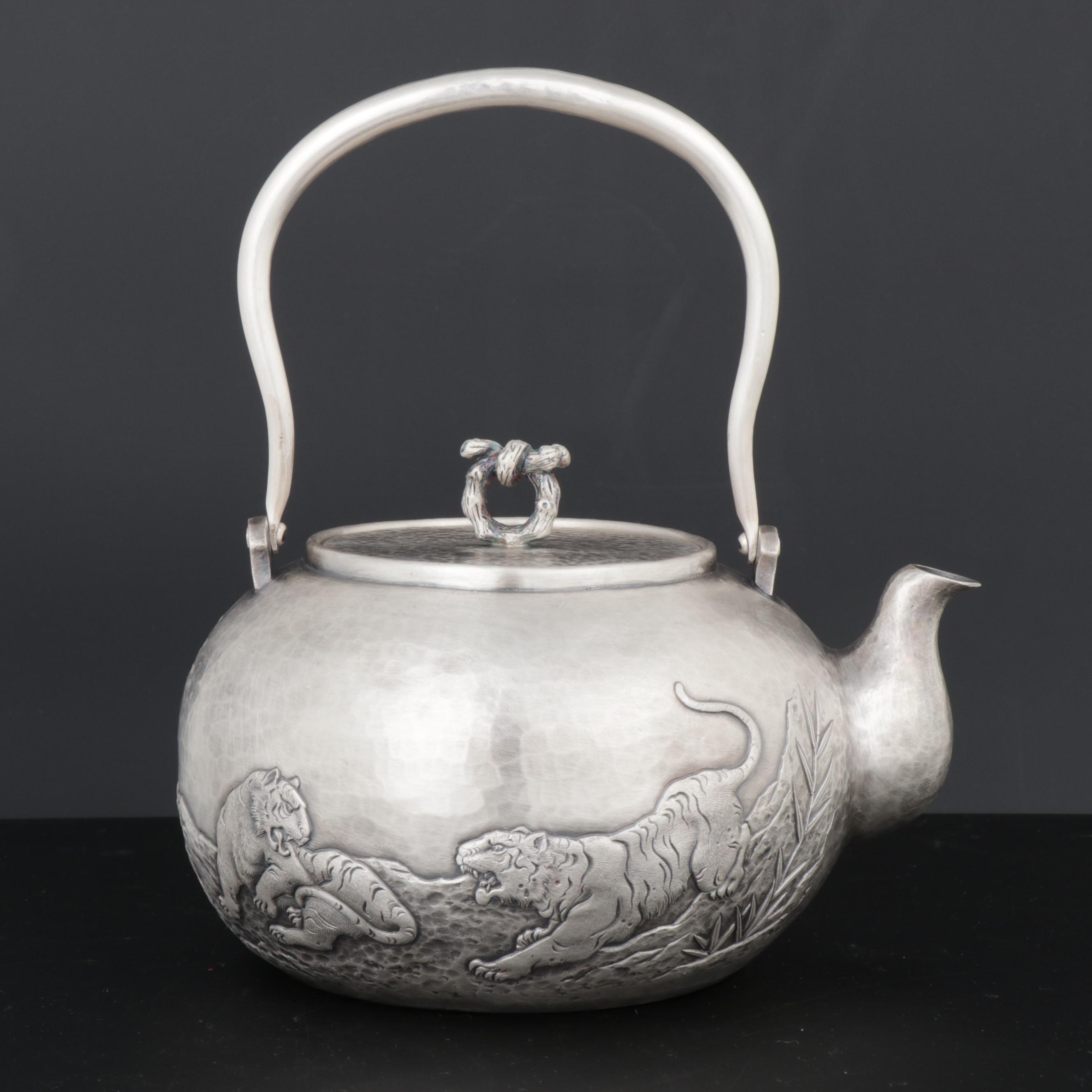 Konoike Silversmiths Fine Silver Repoussé Tiger Teapot, Meiji Period | EBTH