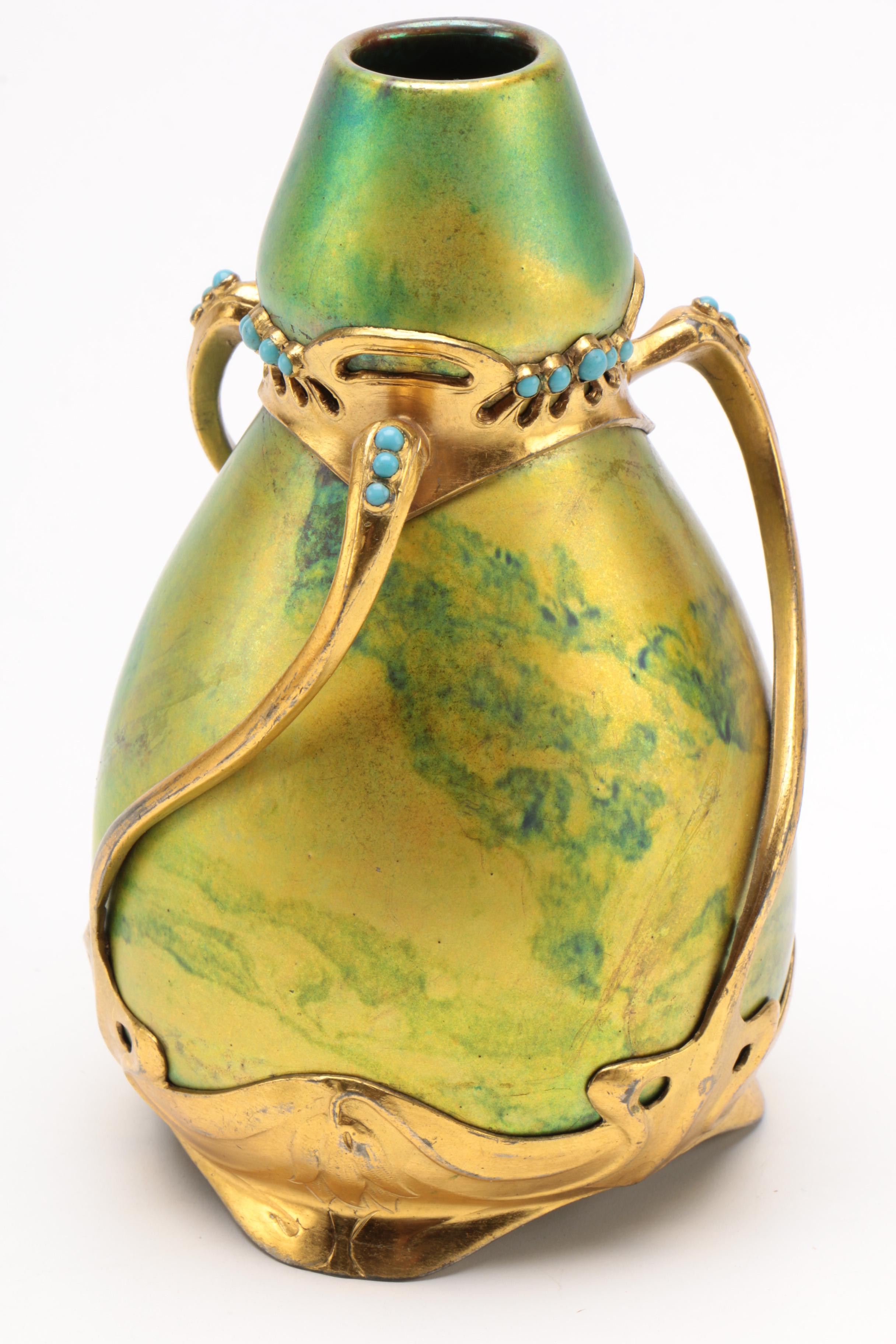 Art Nouveau Osiris Gilt Pewter Mounted Zsolsnay Porcelain Bud Vase ...