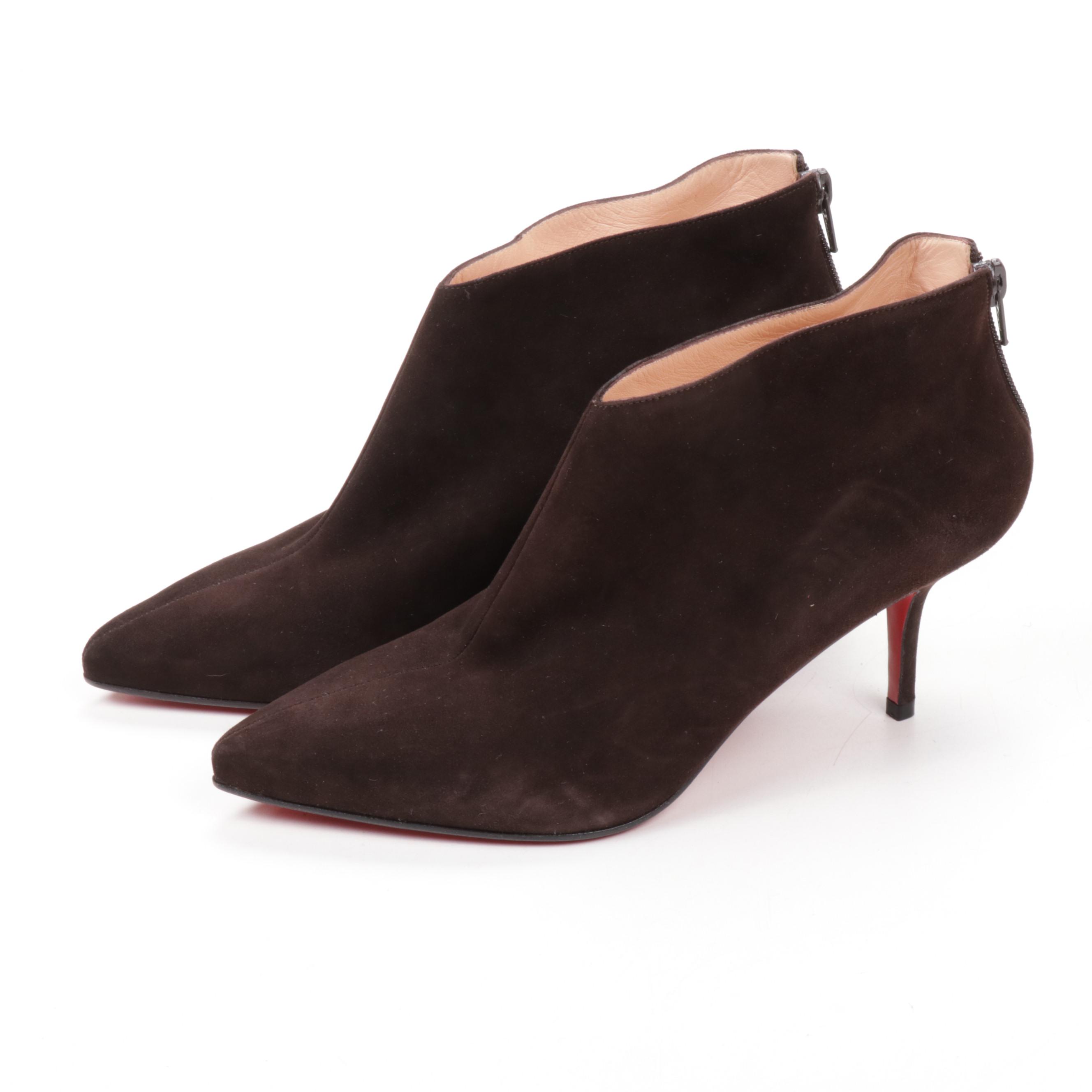 Christian Louboutin Chocolate Brown Suede Zip-Up Heeled Ankle Boots | EBTH