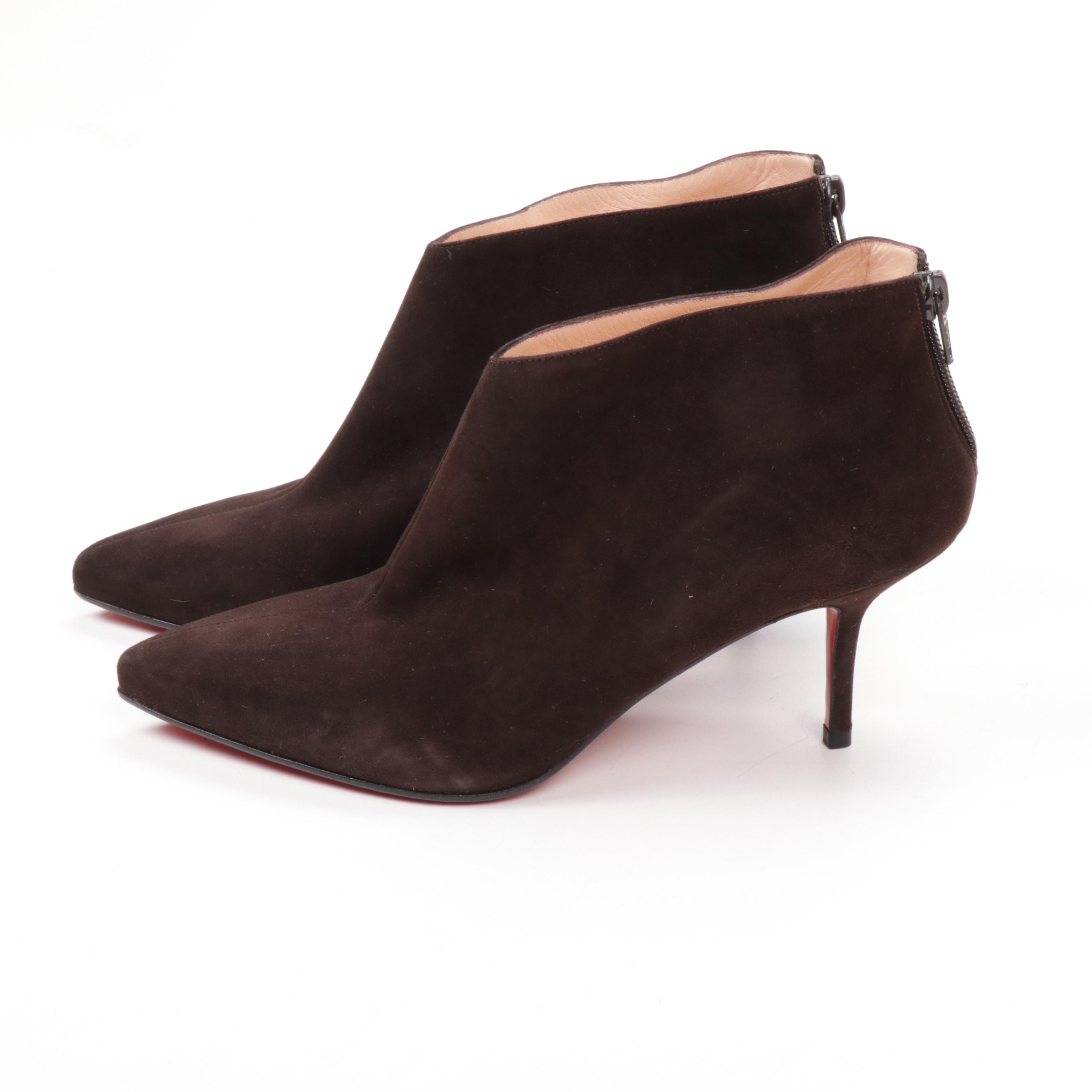 Christian Louboutin Chocolate Brown Suede Zip-Up Heeled Ankle Boots | EBTH