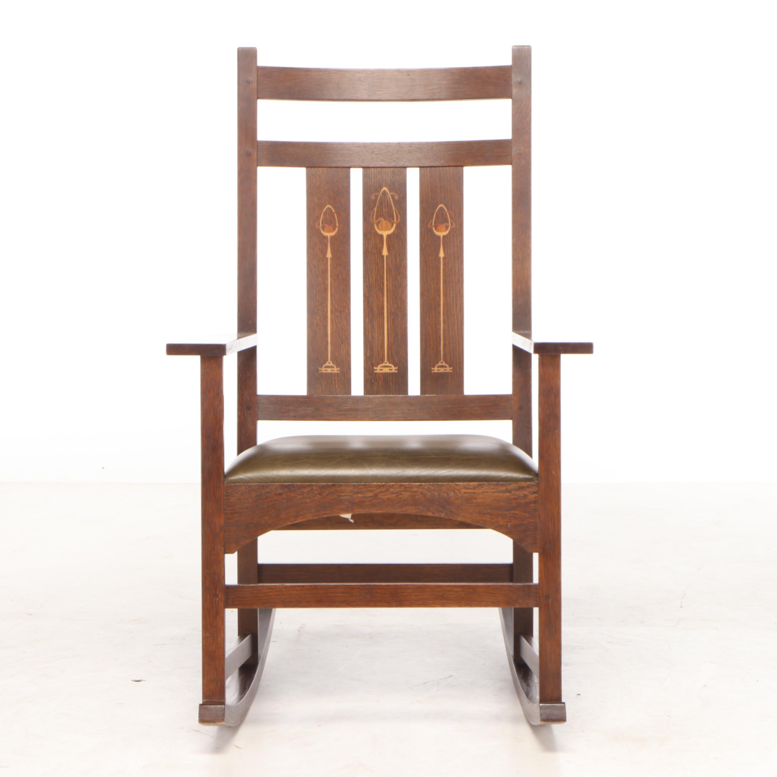 Stickley, Arts & Crafts Style Inlaid Oak & Avocado Leather "Harvey ...