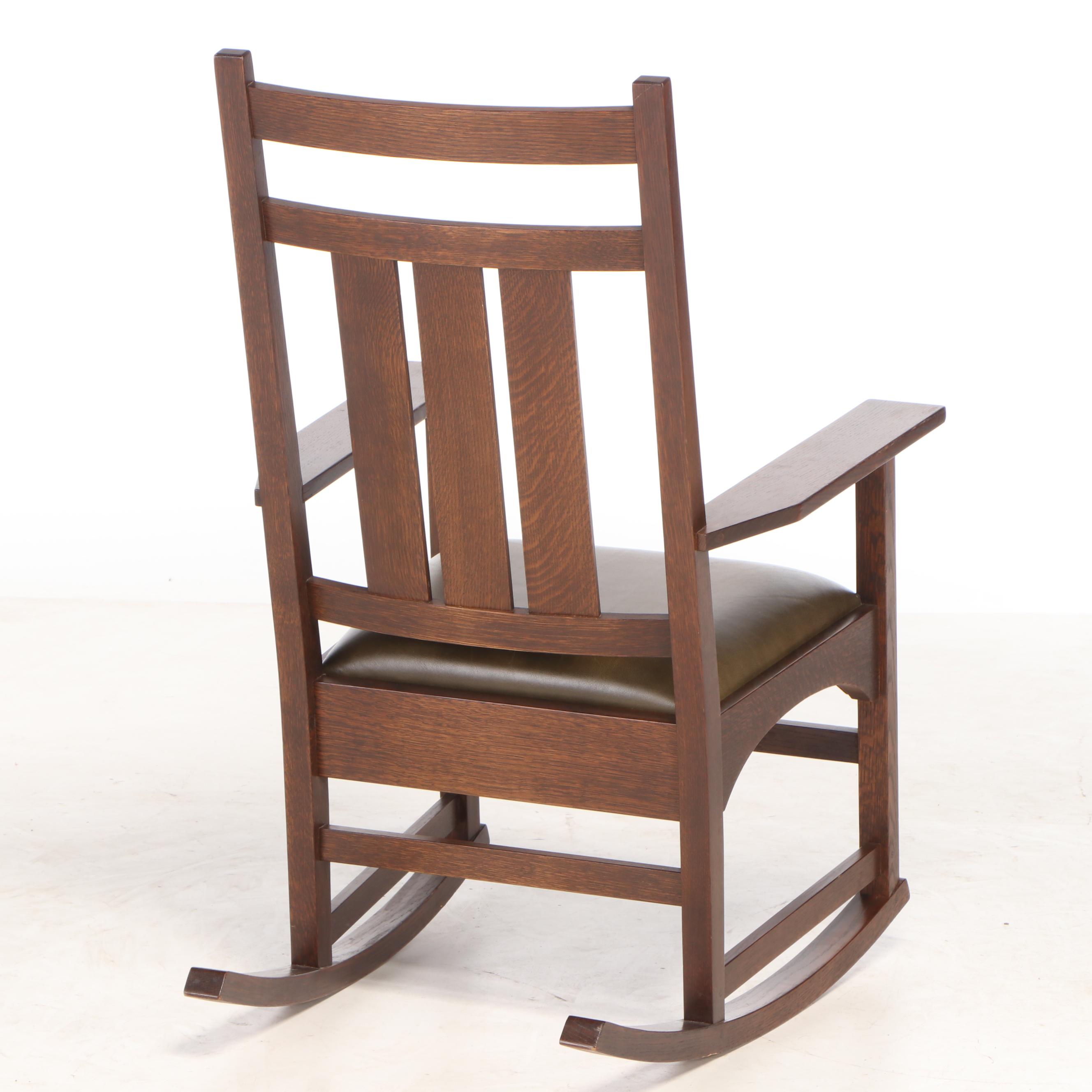 Stickley, Arts & Crafts Style Inlaid Oak & Avocado Leather "Harvey ...