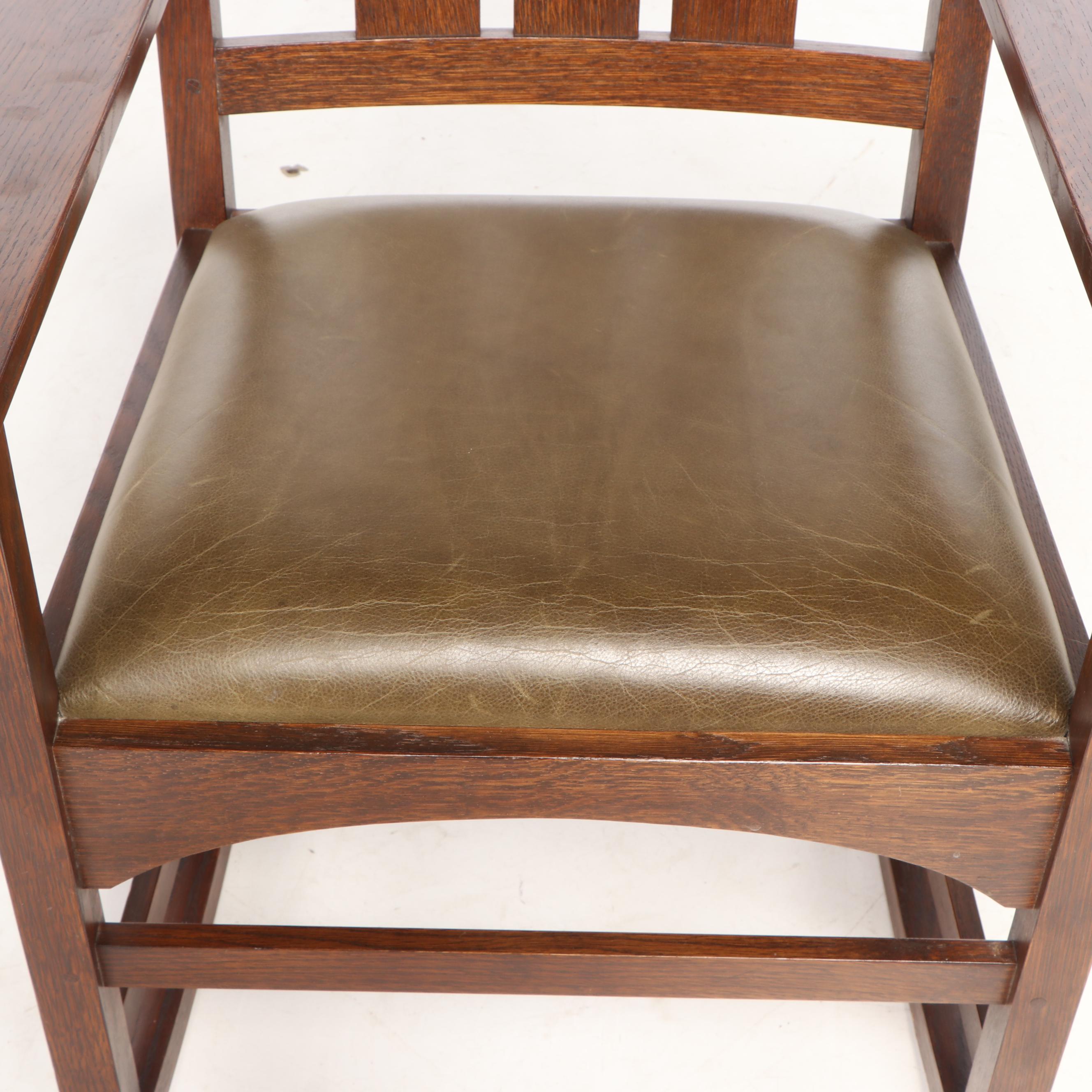 Stickley, Arts & Crafts Style Inlaid Oak & Avocado Leather "Harvey ...