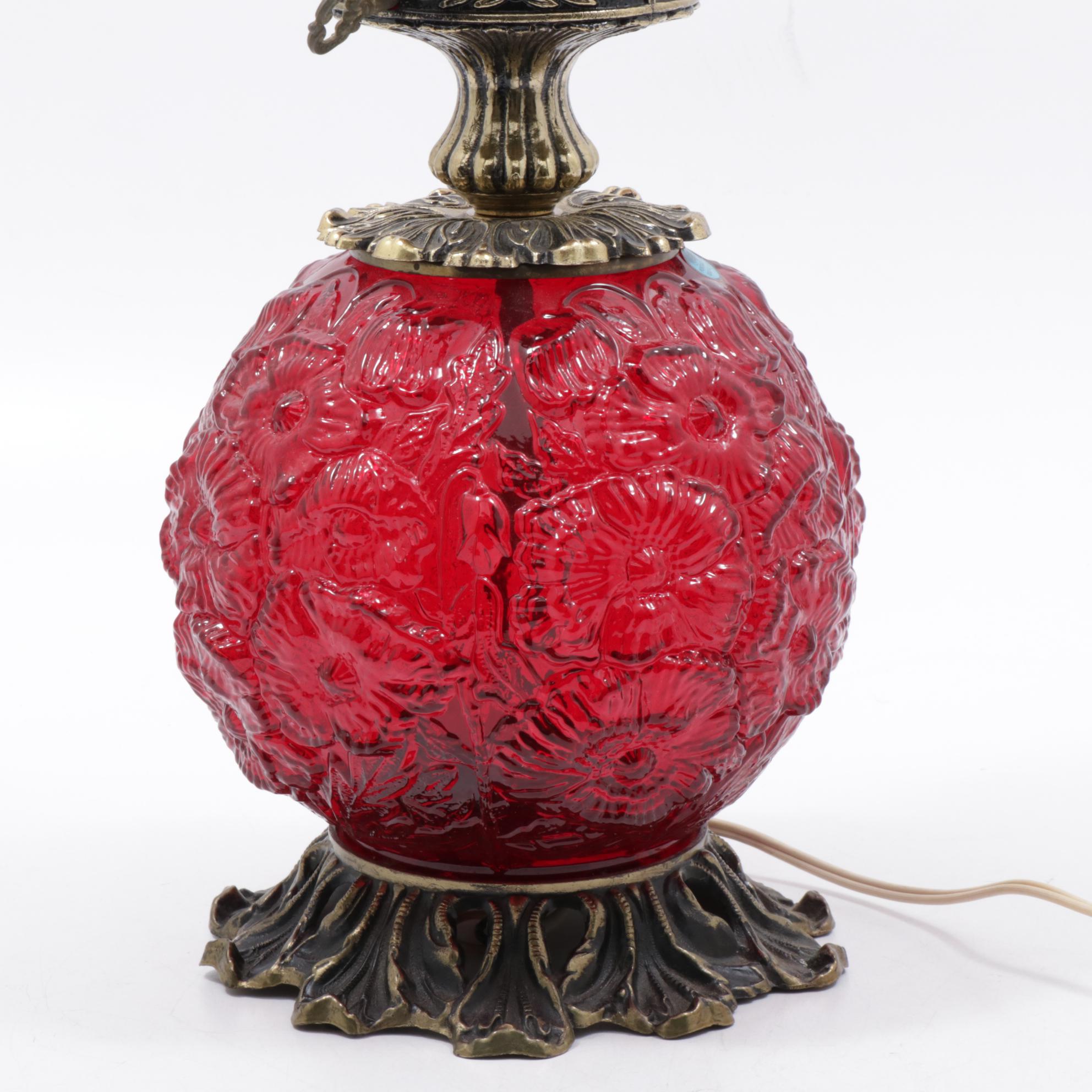 Fenton "Poppy" Ruby Red Double Globe Ruffled Glass Parlor Lamp | EBTH