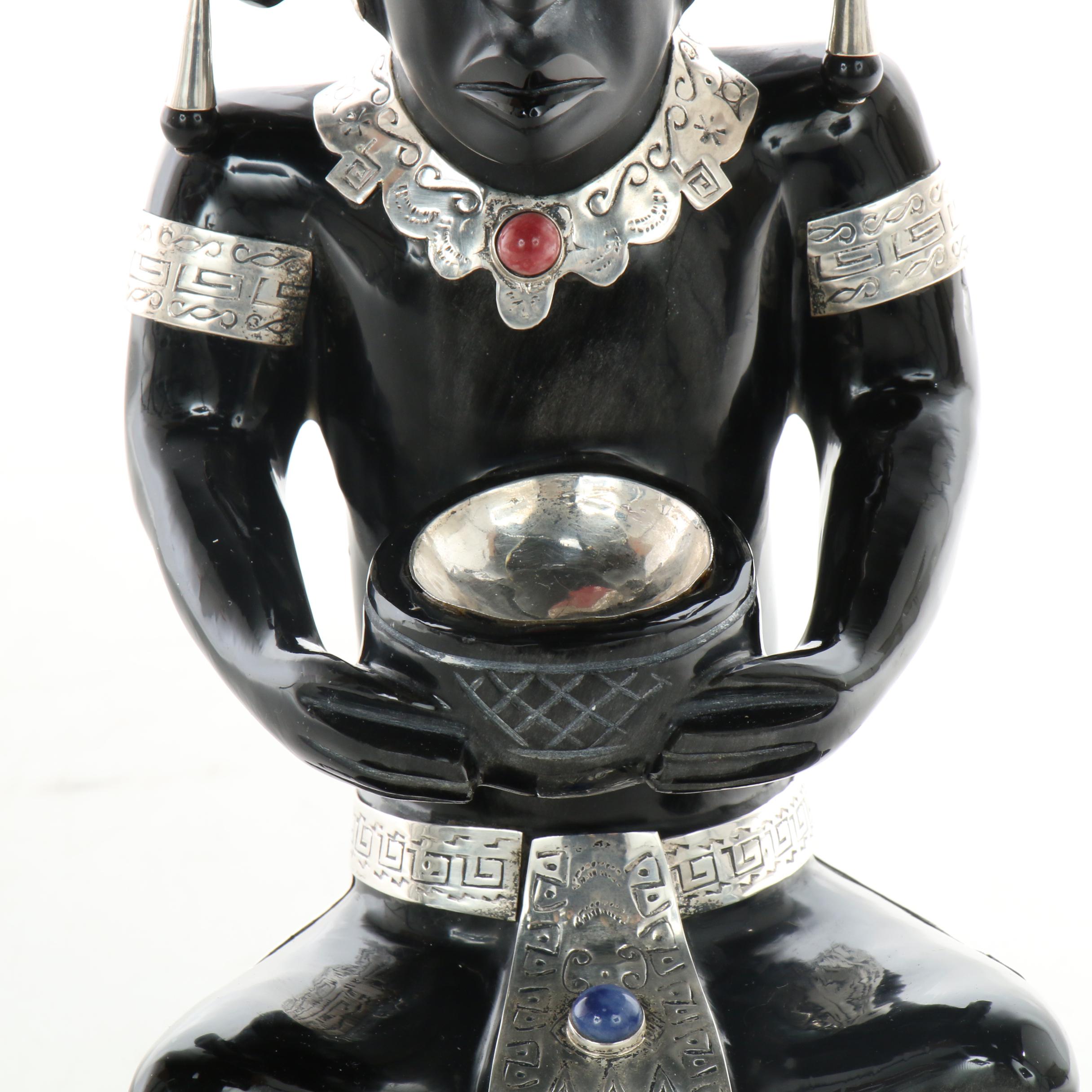 Obsidian, Sterling Silver, and Semi-Precious Stone Mayan Style Figure ...