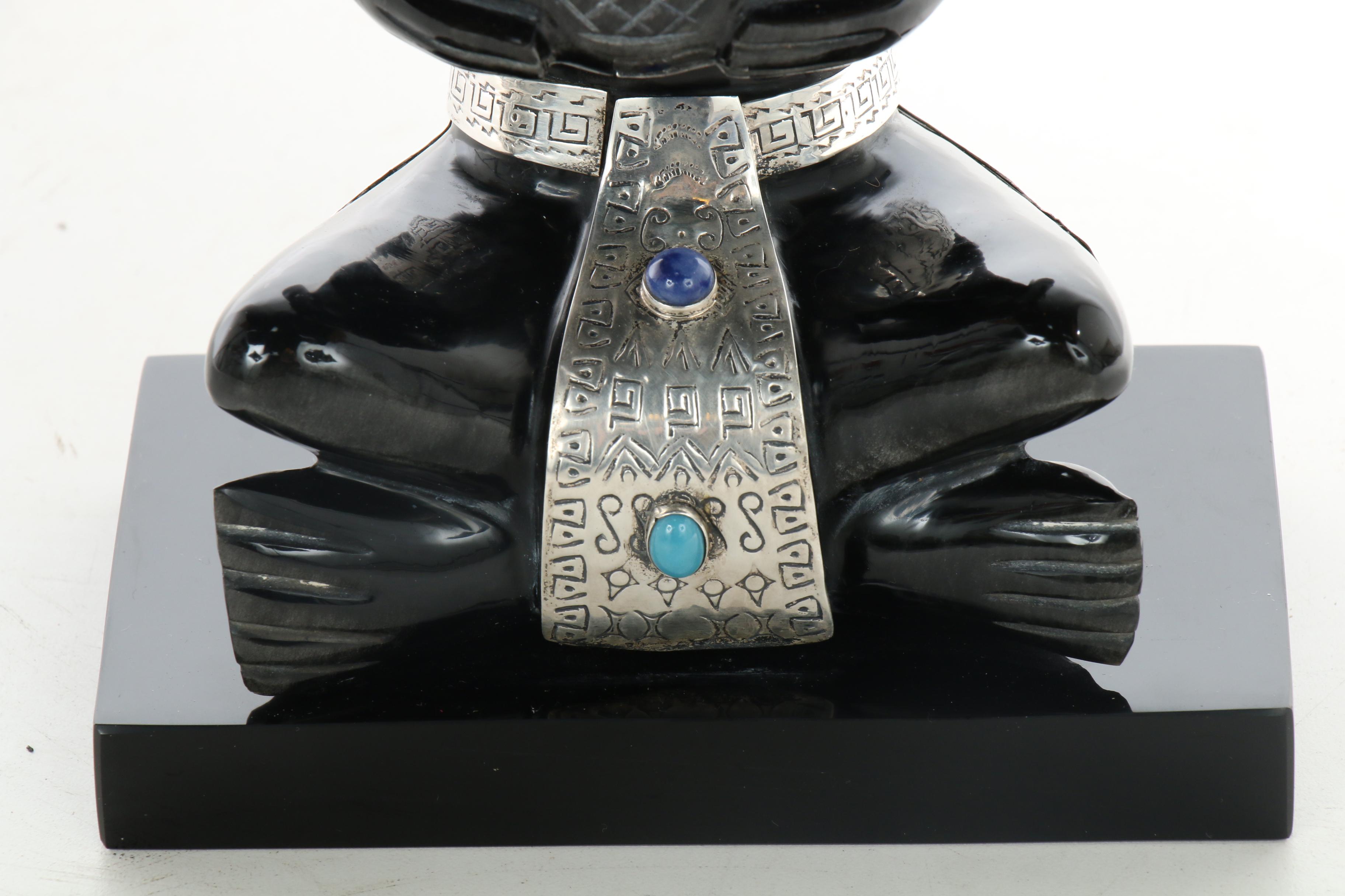 Obsidian, Sterling Silver, and Semi-Precious Stone Mayan Style Figure ...
