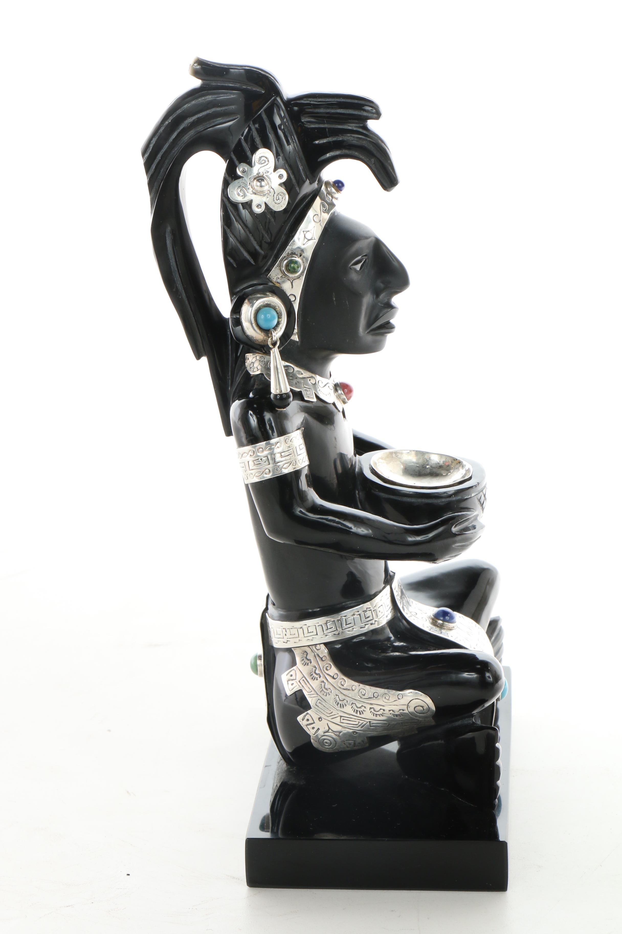 Obsidian, Sterling Silver, and Semi-Precious Stone Mayan Style Figure ...
