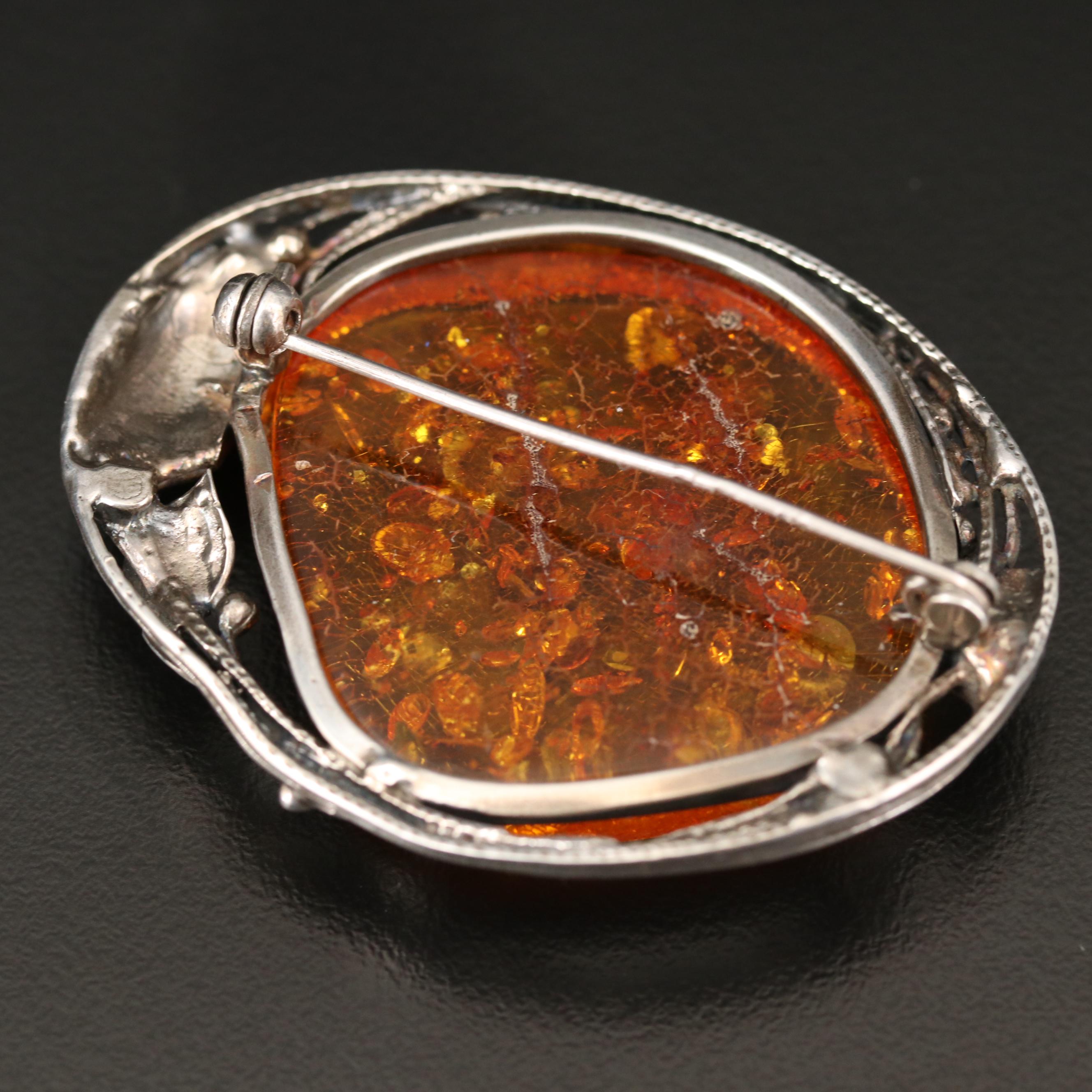 Sterling Silver Amber Brooch | EBTH