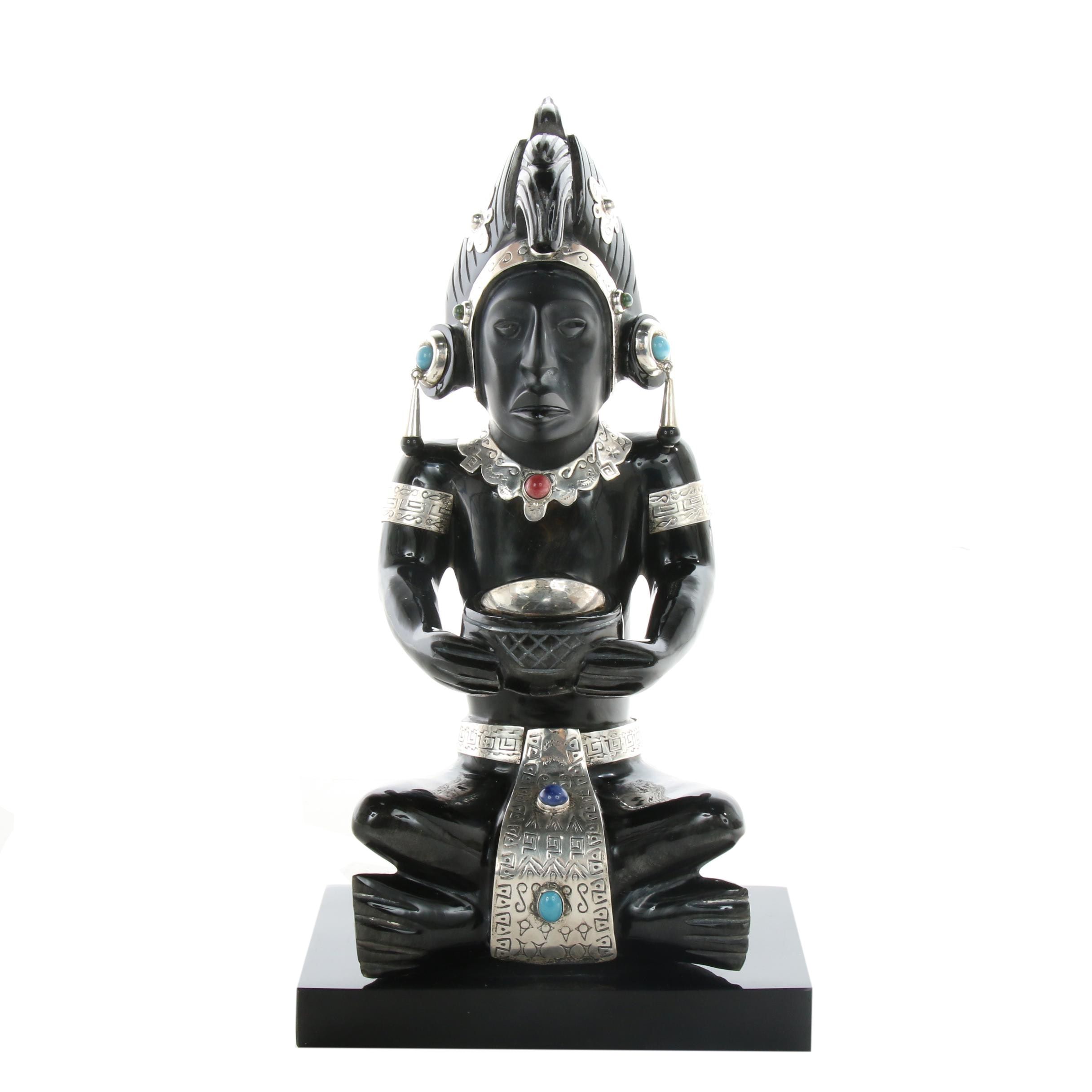 Obsidian, Sterling Silver, and Semi-Precious Stone Mayan Style Figure ...