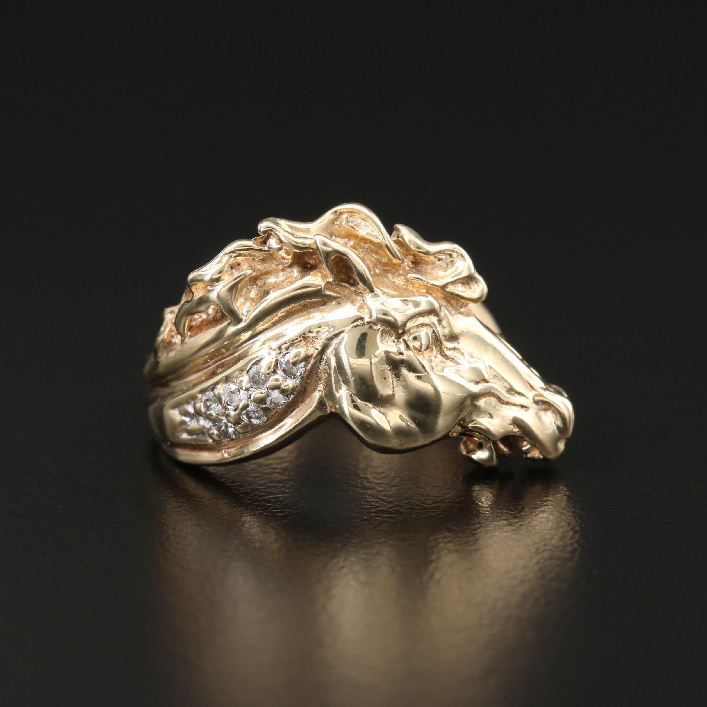 10K Yellow Gold Diamond Horse Motif Ring | EBTH