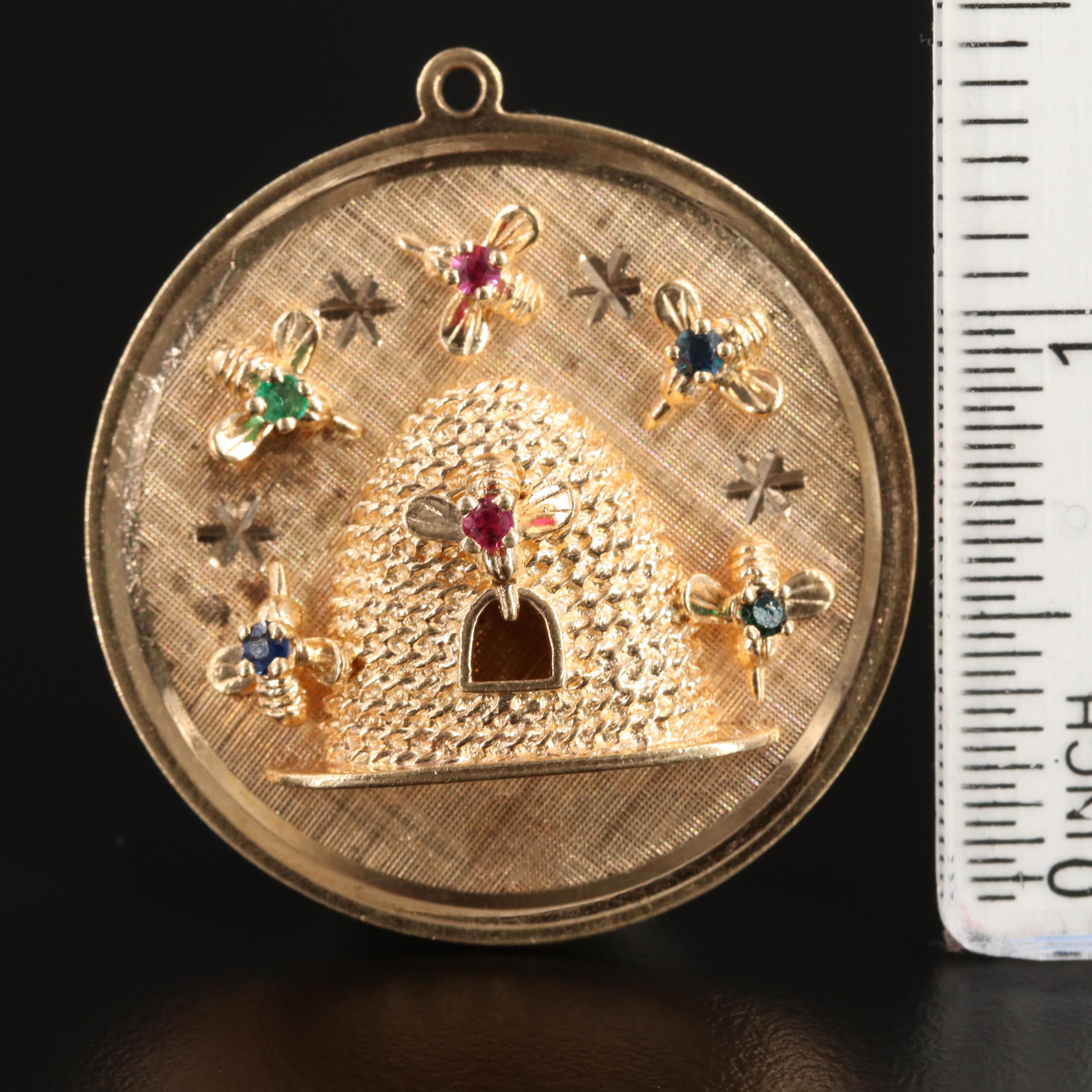 Vintage 14K Yellow Gold Emerald, Sapphire and Ruby Bee Hive Pendant | EBTH