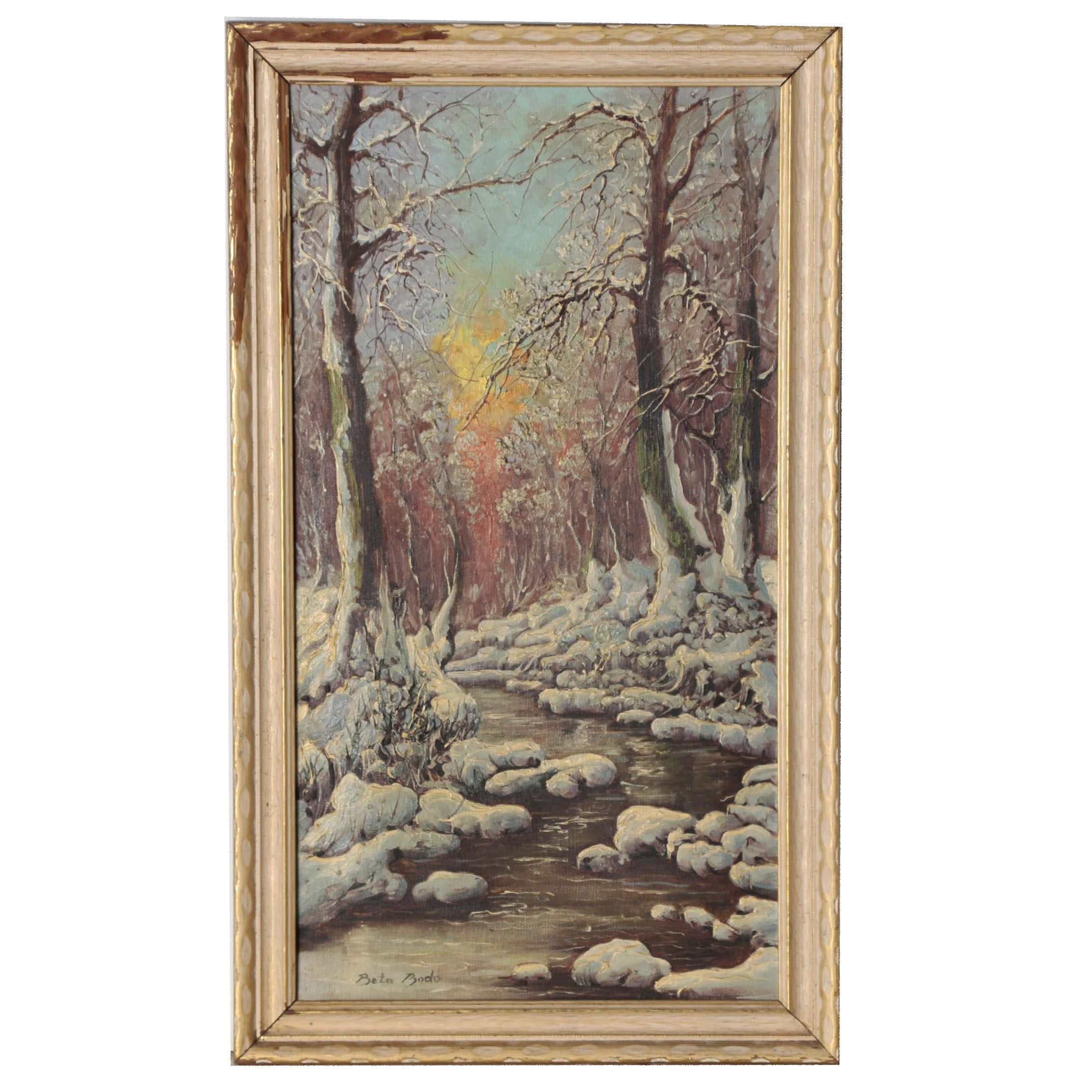 Bela Bodo Winter Landscape Oil Painting, Mid 20th Century | EBTH