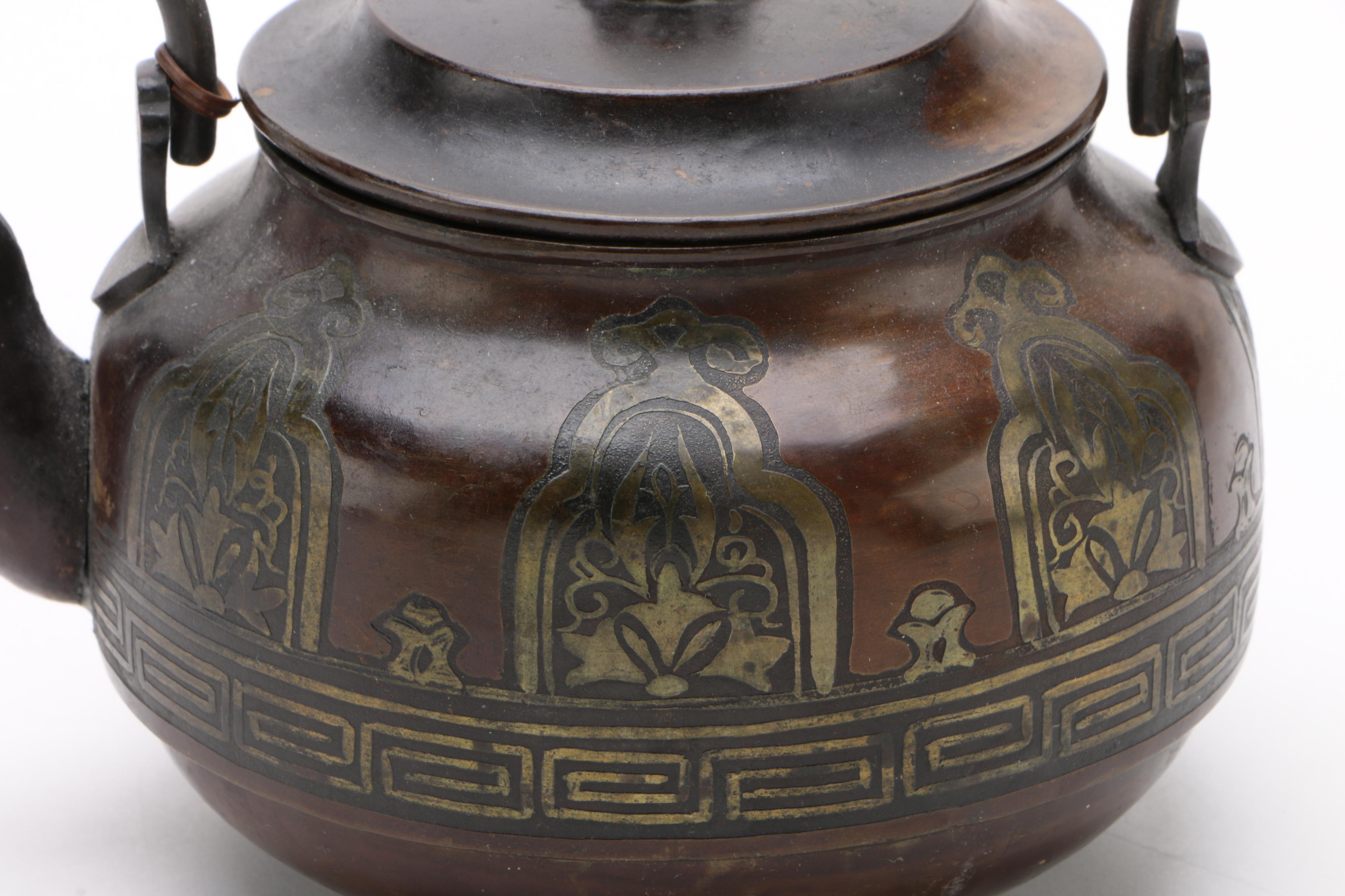 Bronze Tone Teapot With Brass Inlay and Reed Wrapped Handle | EBTH