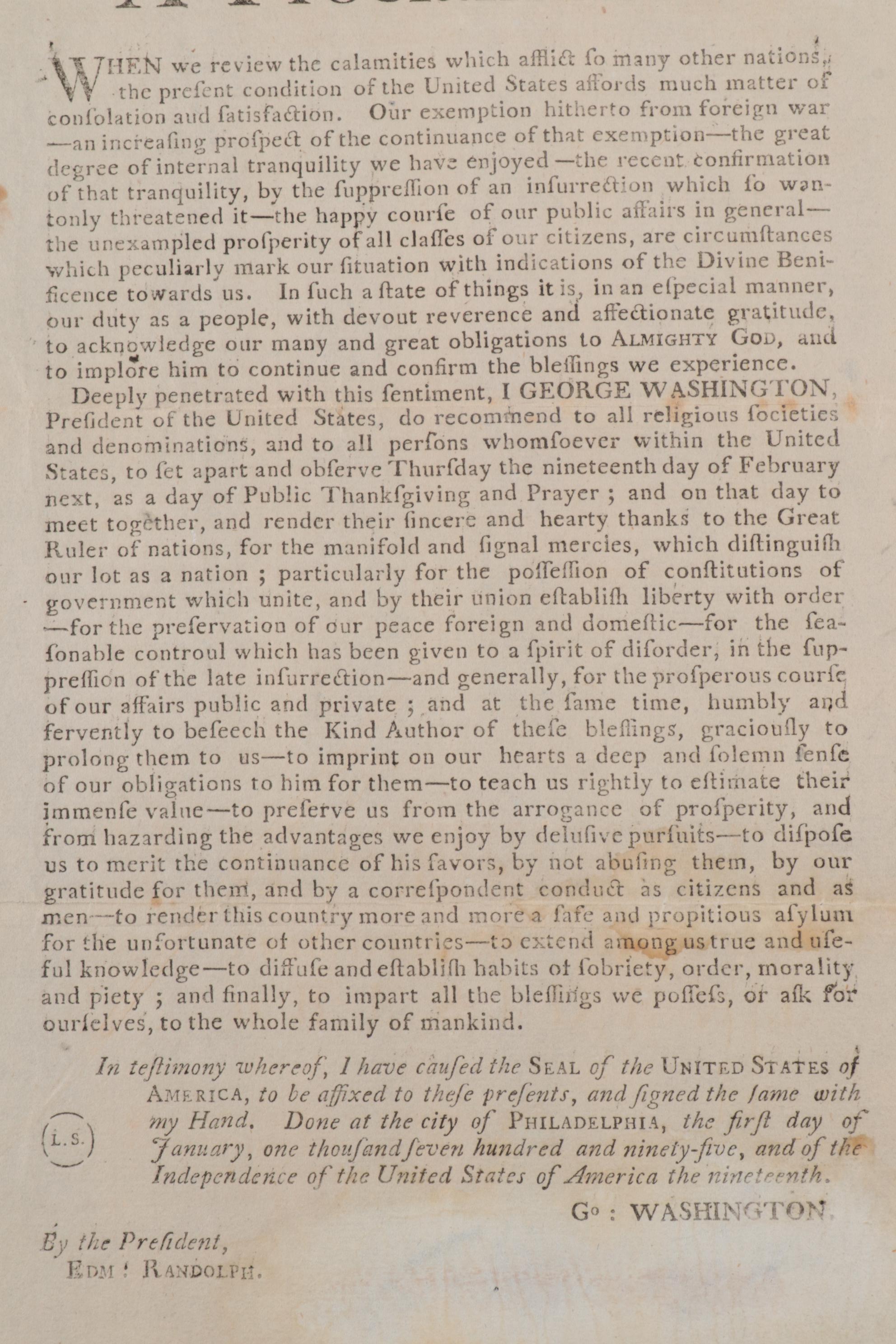 George Washington Printed Proclamation of Thanksgiving and Prayer, 1795 ...