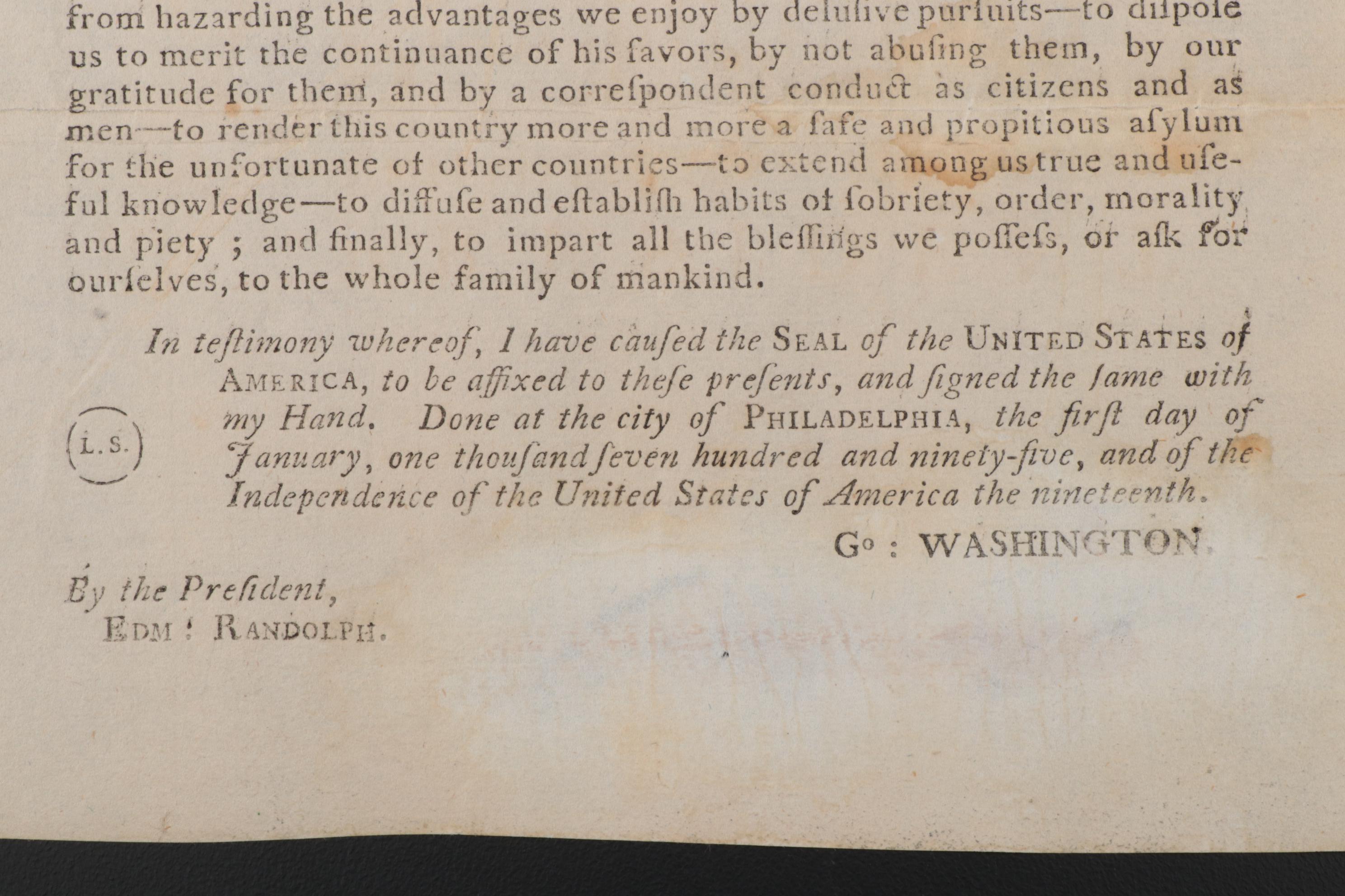 George Washington Printed Proclamation of Thanksgiving and Prayer, 1795 ...