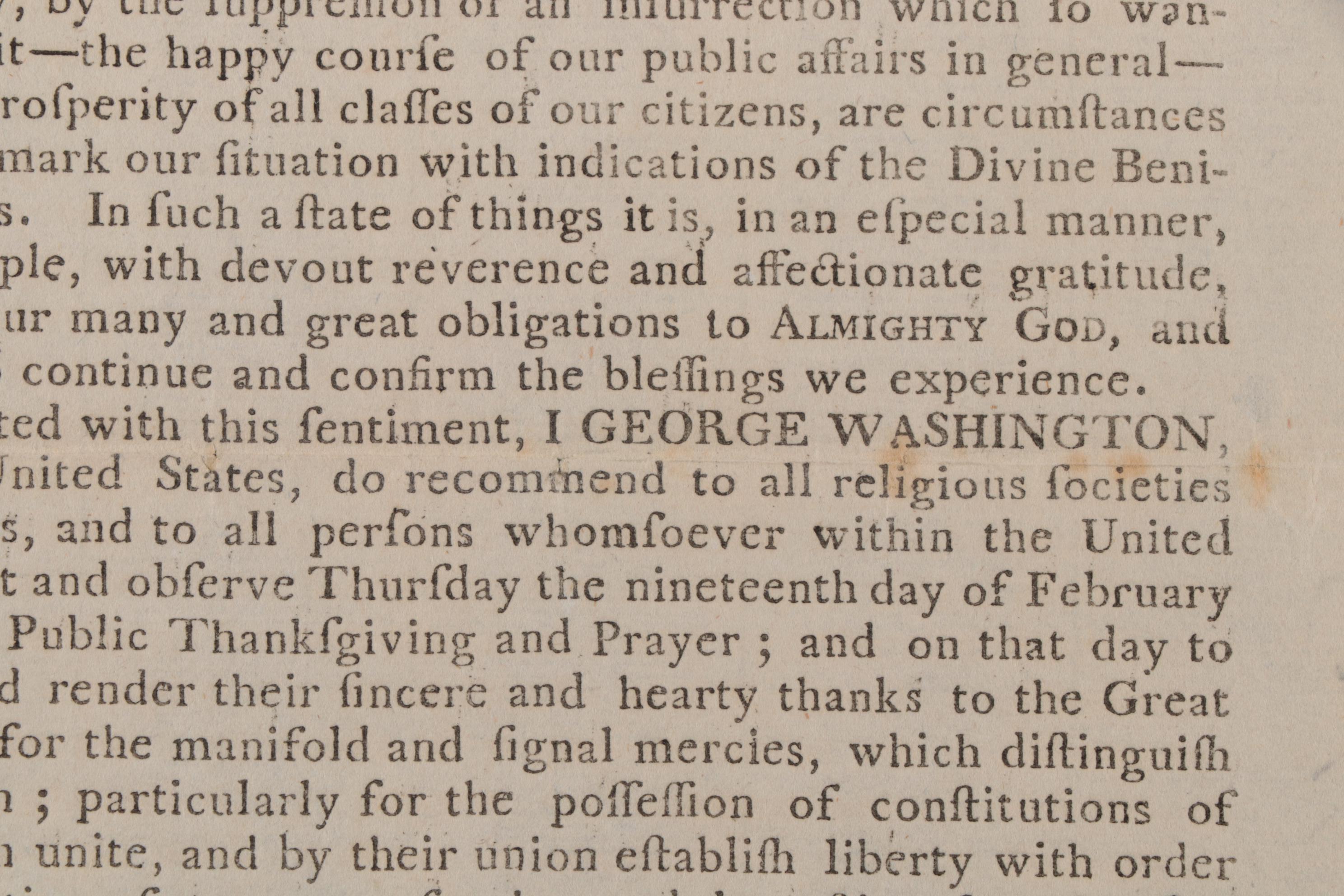 George Washington Printed Proclamation of Thanksgiving and Prayer, 1795 ...