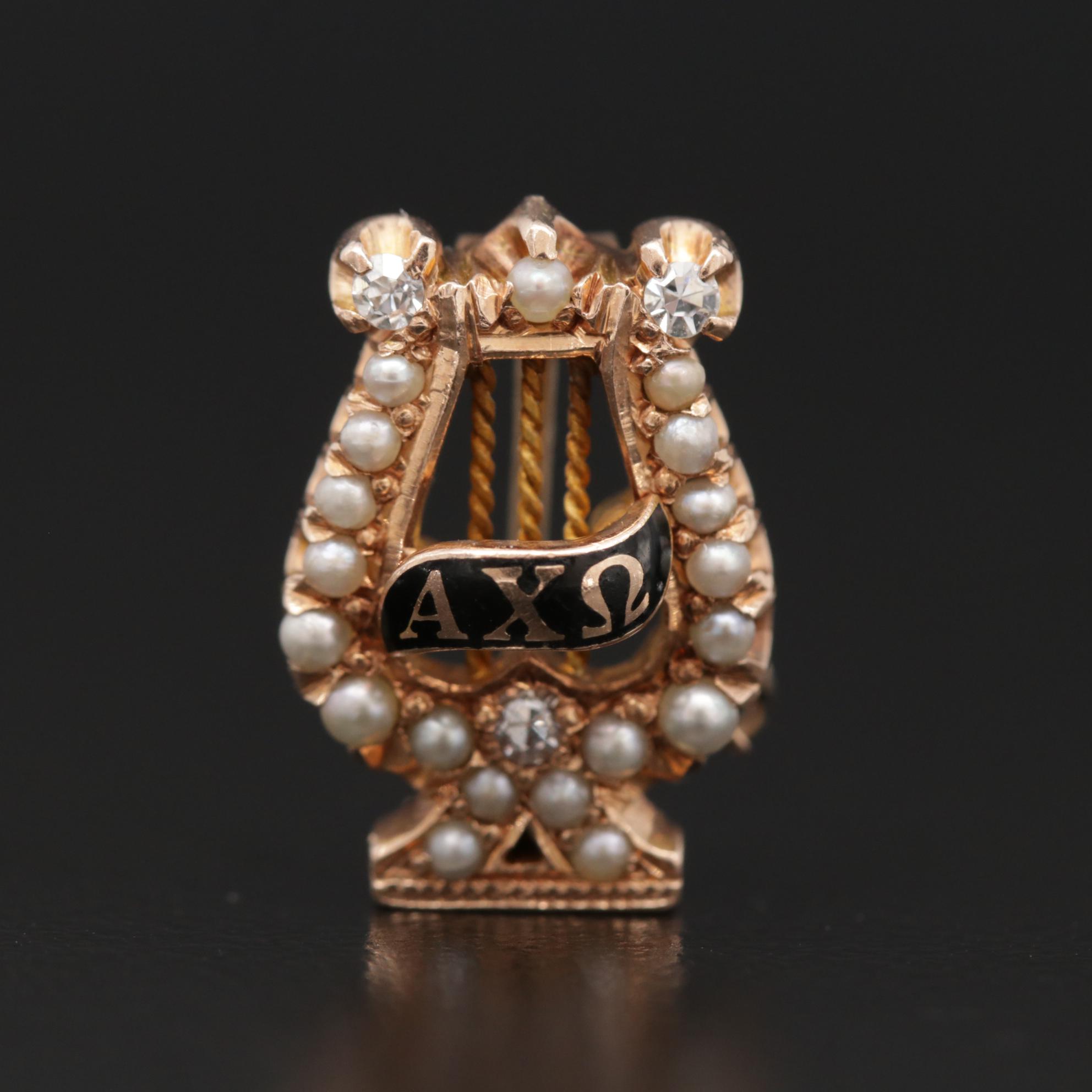 Antique 14K Gold Alpha Chi Omega Lyre Pin with Diamond and Pearl ...