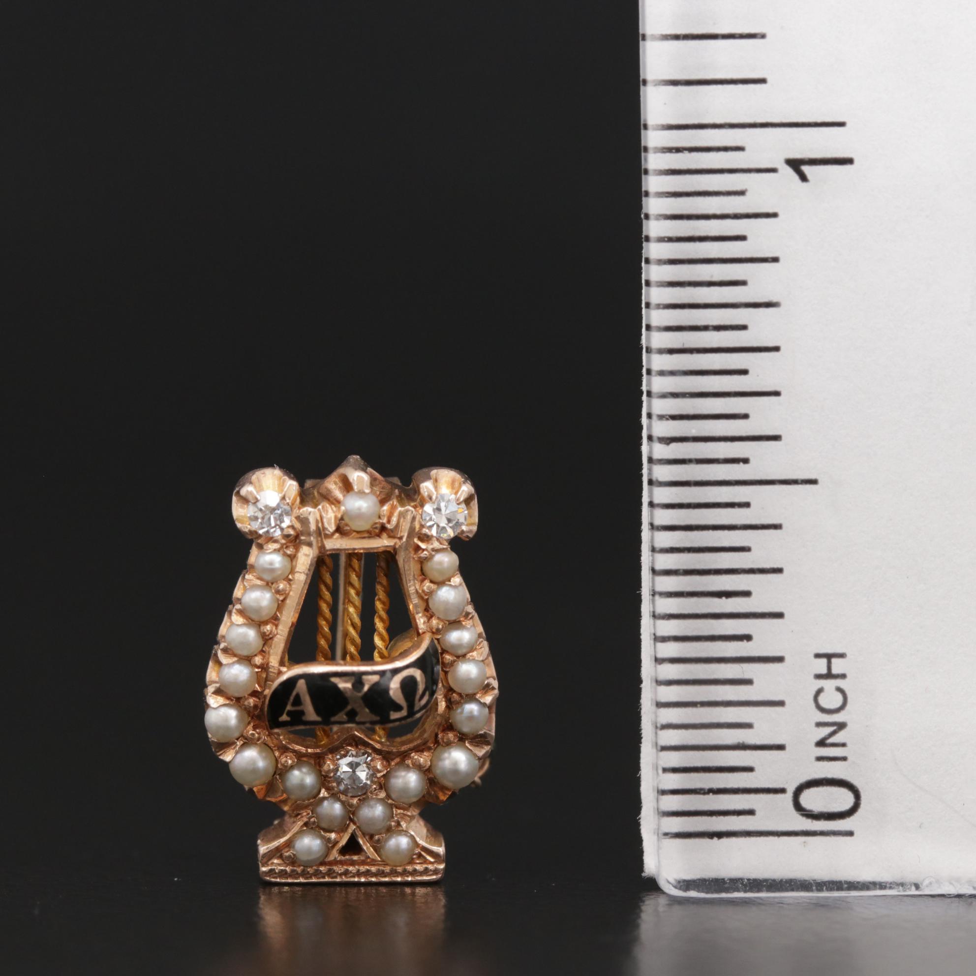 Antique 14K Gold Alpha Chi Omega Lyre Pin with Diamond and Pearl ...