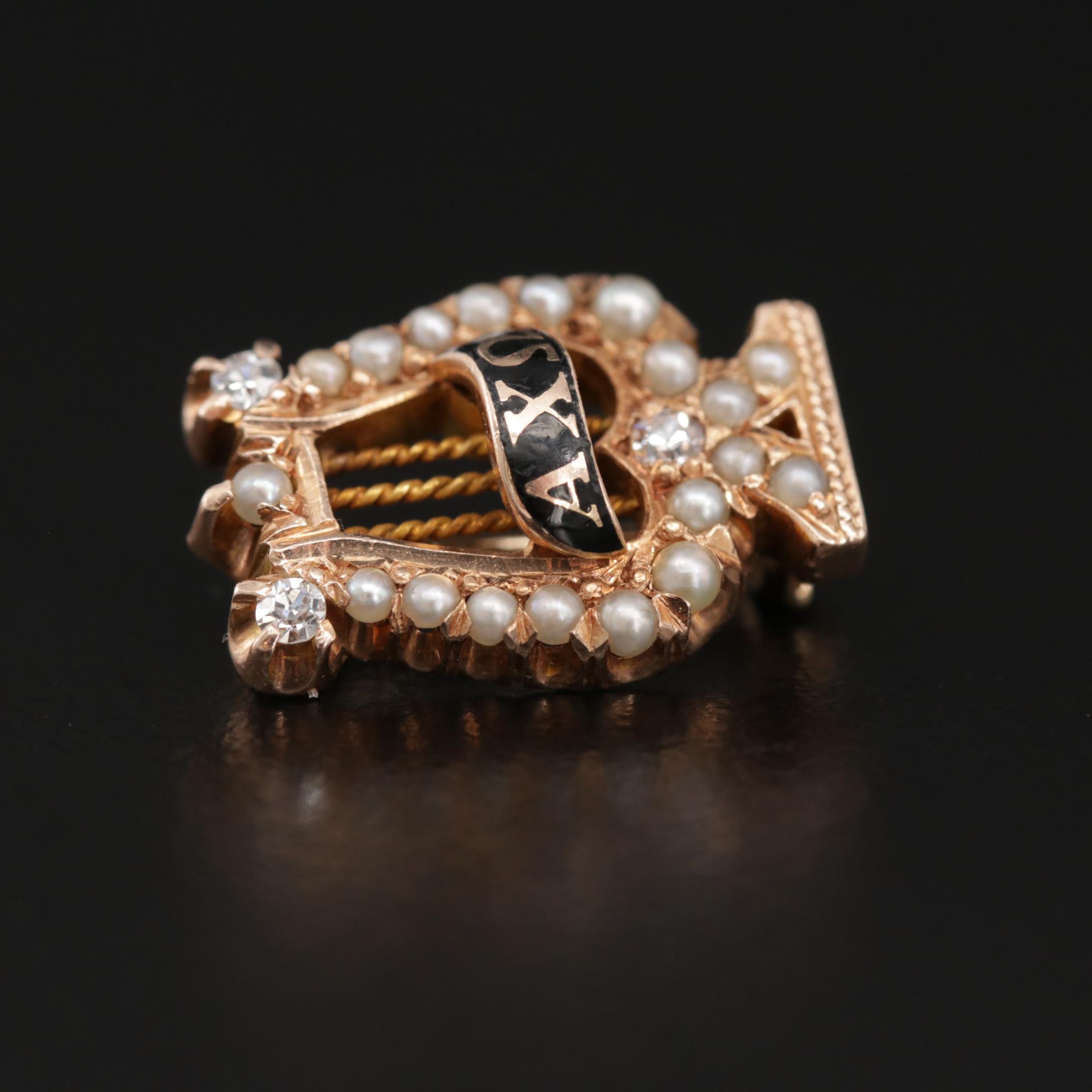 Antique 14K Gold Alpha Chi Omega Lyre Pin with Diamond and Pearl ...