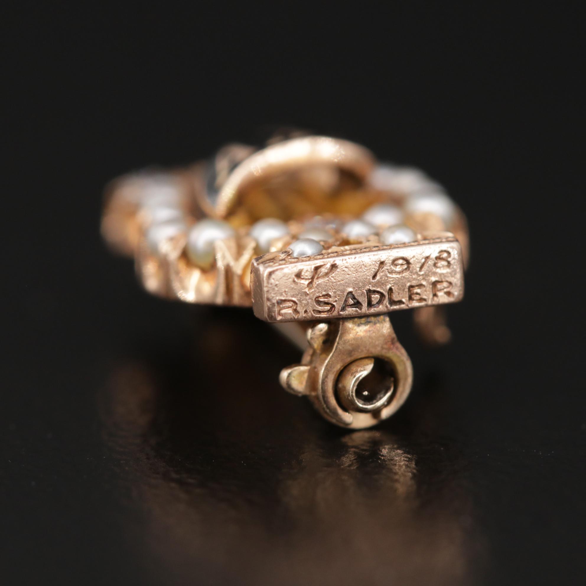 Antique 14K Gold Alpha Chi Omega Lyre Pin with Diamond and Pearl ...