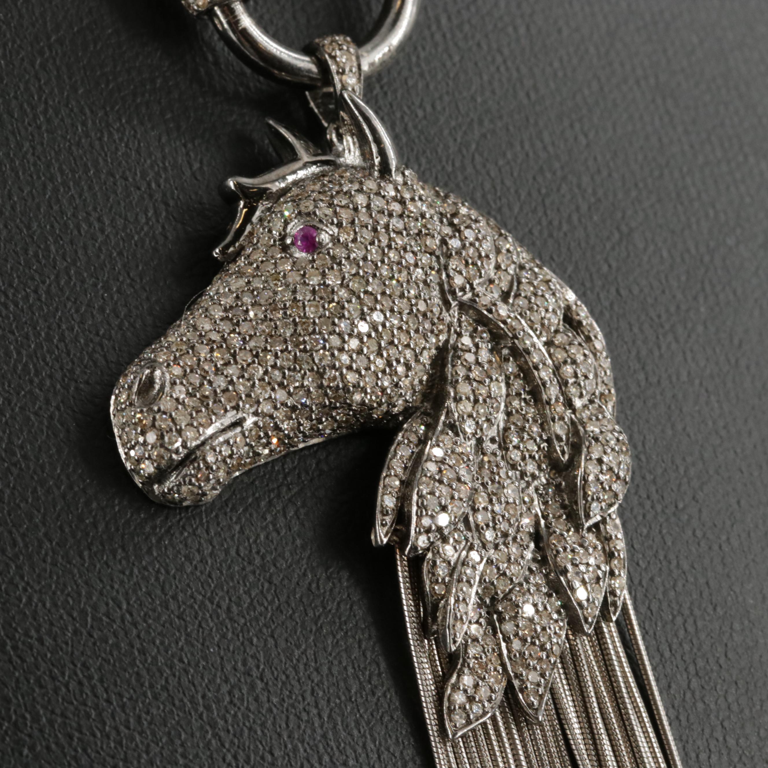 Sterling Diamond and Synthetic Ruby Horse Head Necklace | EBTH