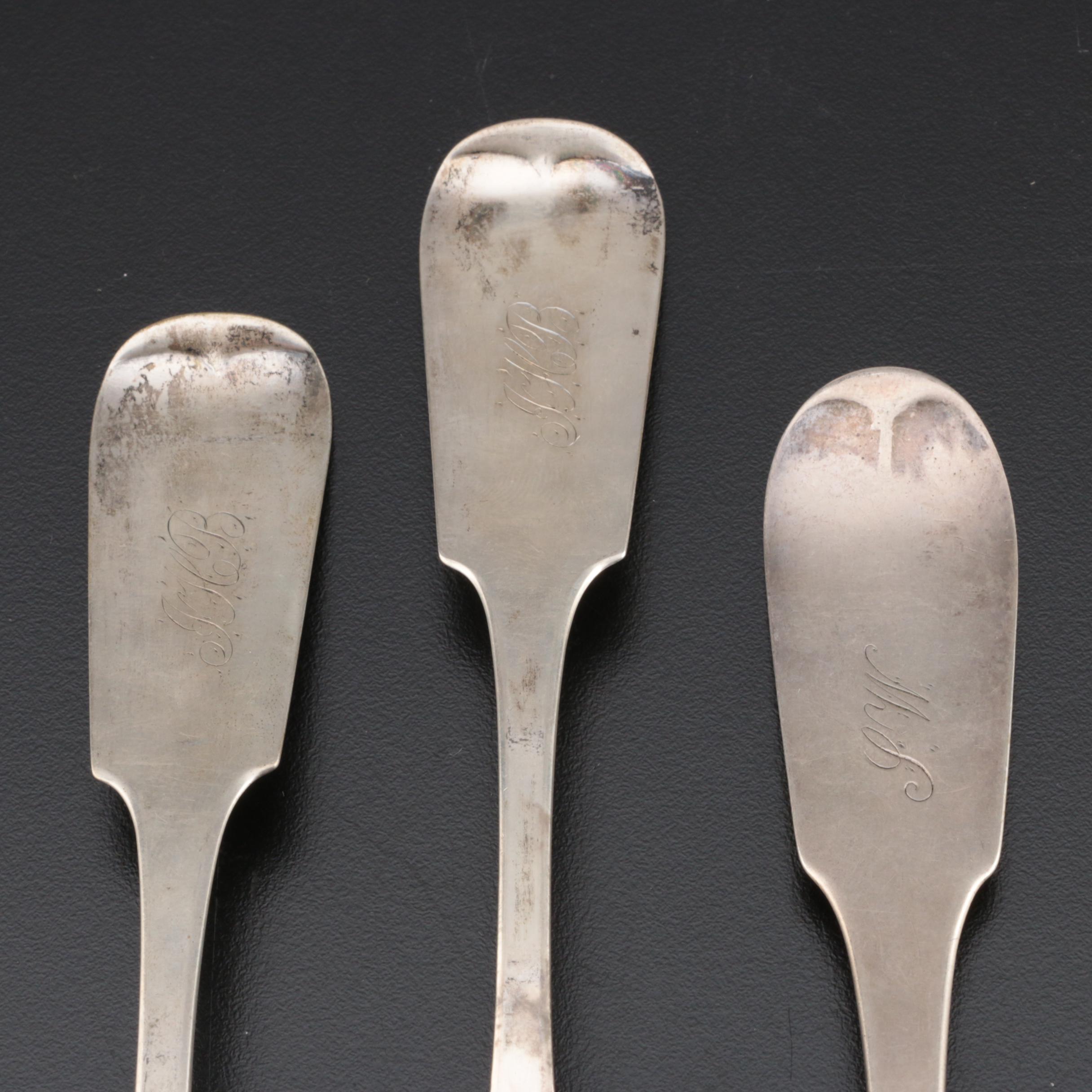 Nine Ohio Silversmiths Fiddle Handle Coin Silver Serving Spoons | EBTH