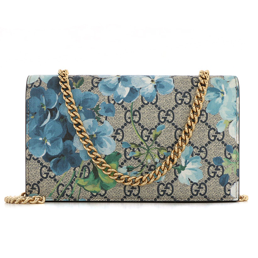 Gucci Blue Blooms GG Supreme Canvas and Leather Trimmed Wallet on Chain ...