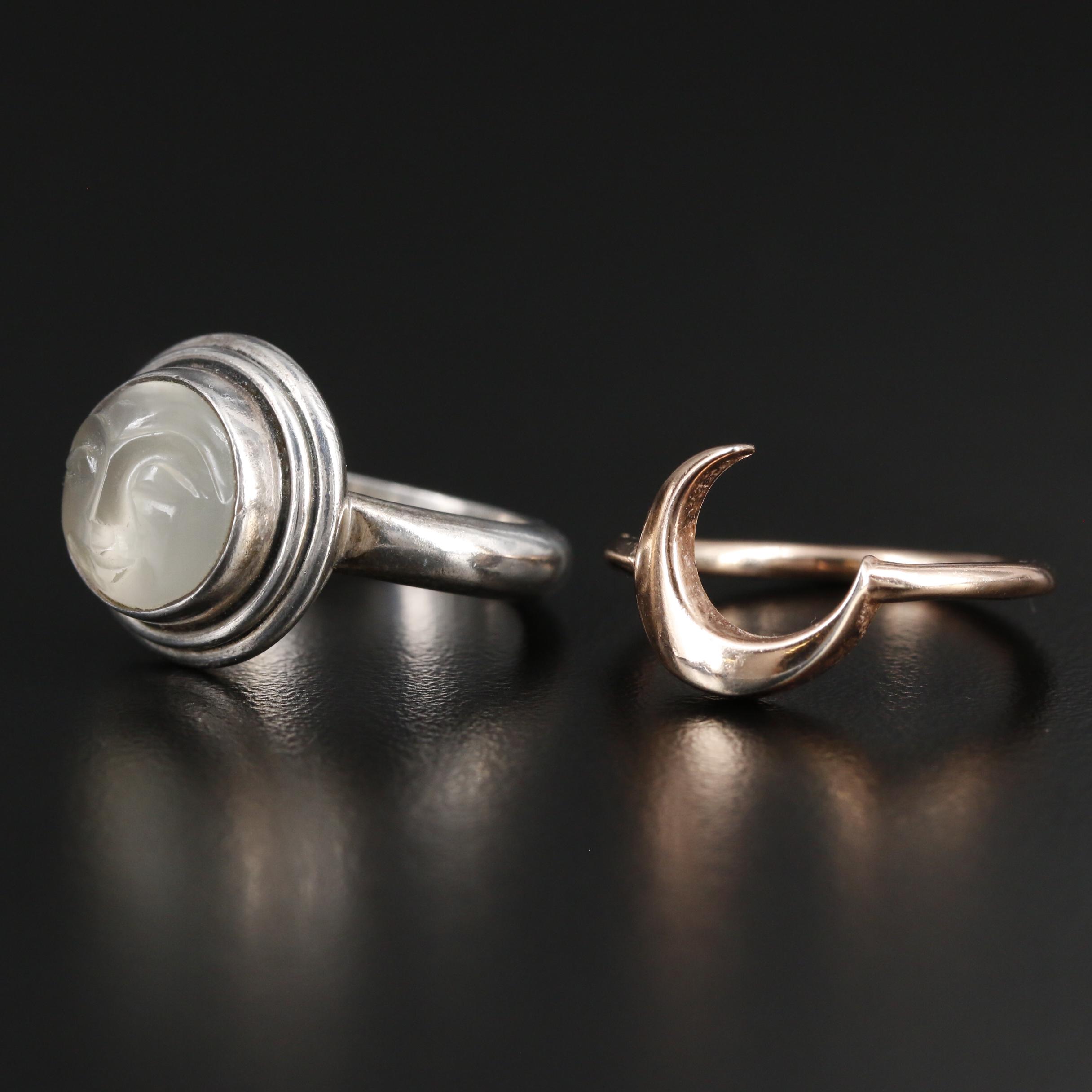 Sterling Silver Sun and Moonstone "Moon Face" Rings | EBTH