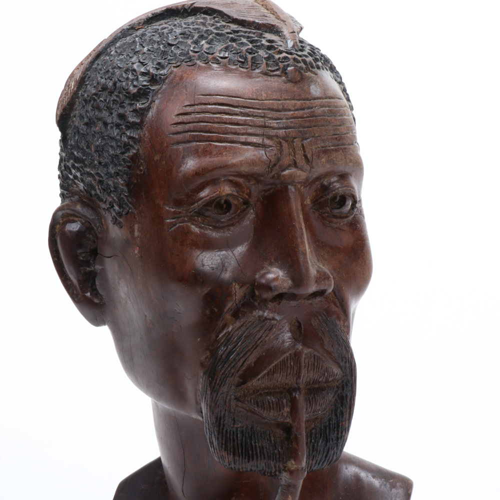 African Hand-Carved Wood Bust of Man with Pipe | EBTH