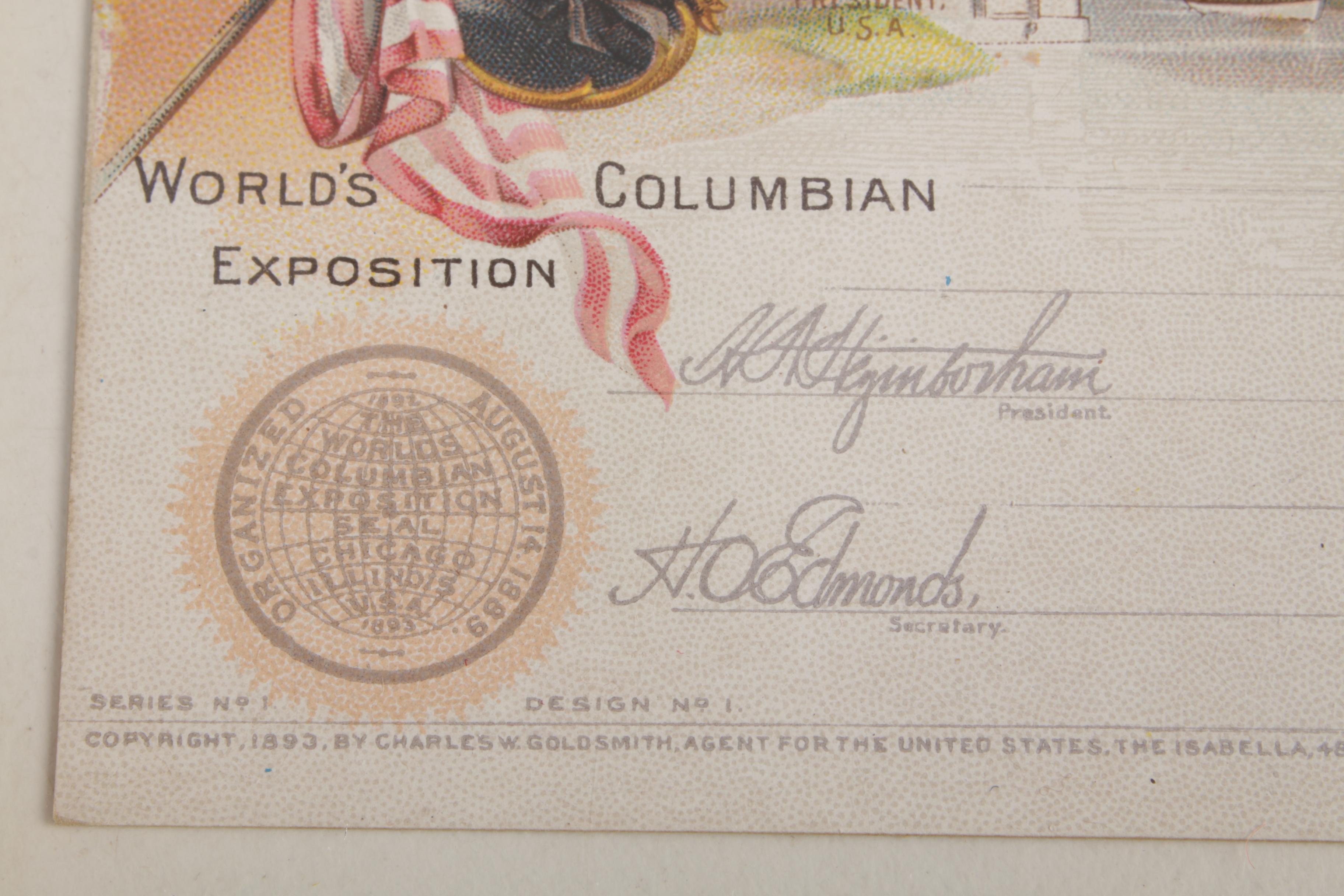 Unites States 1893 Columbian Exposition Postal Card with 1 Cent Stamp ...