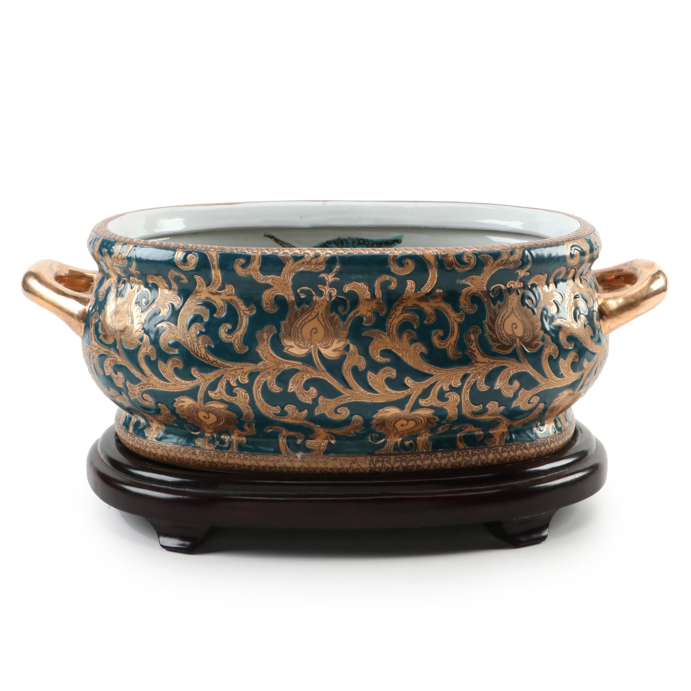 Chinese Oriental Accent Hand-Painted Ceramic Foot Bath with Base | EBTH