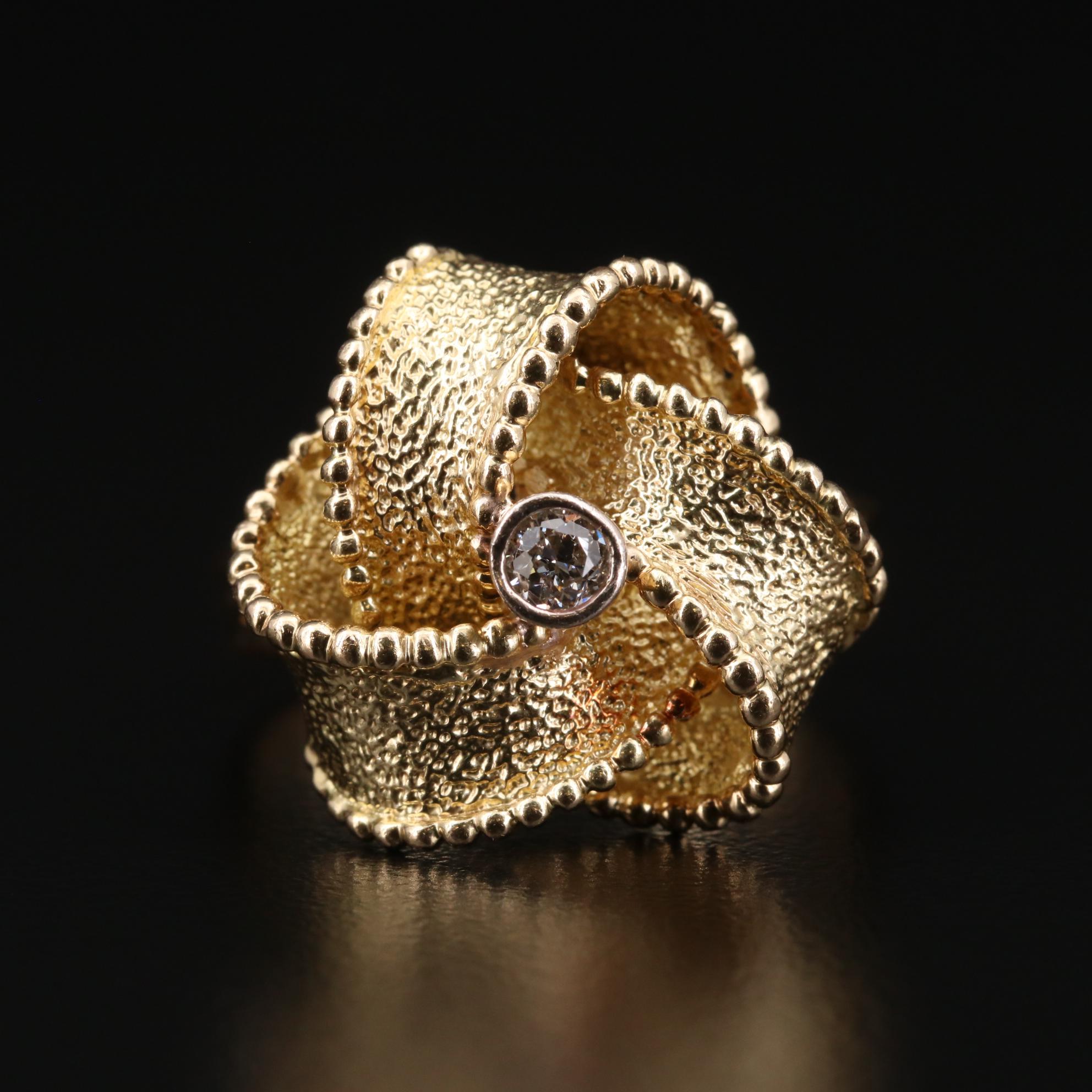 Henry Dankner 18K Gold Diamond Knotted Ribbon Ring with Milgrain Edging ...