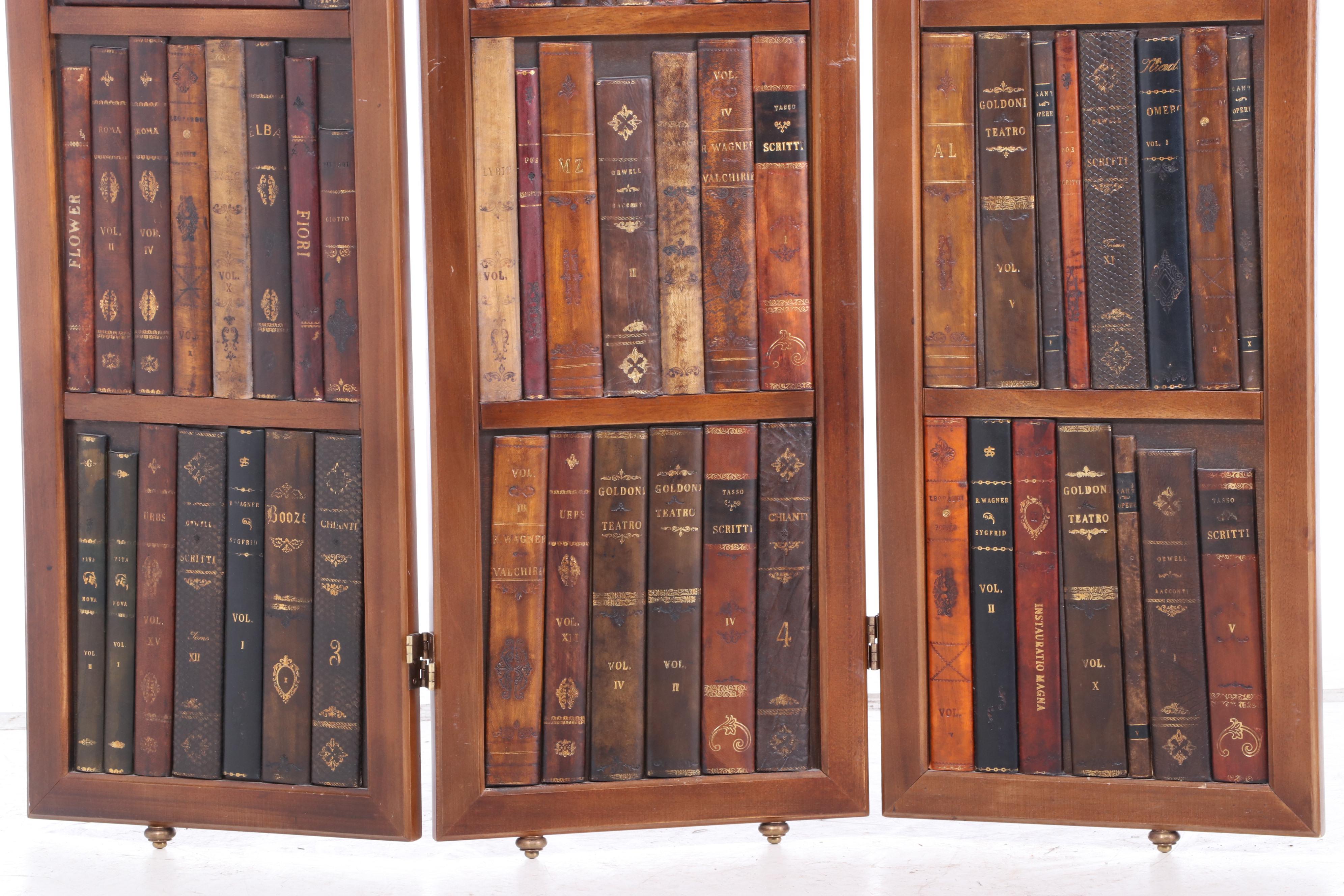 Sarreid Ltd. Mahogany and Leather Faux Bookcase Three-Fold Screen | EBTH