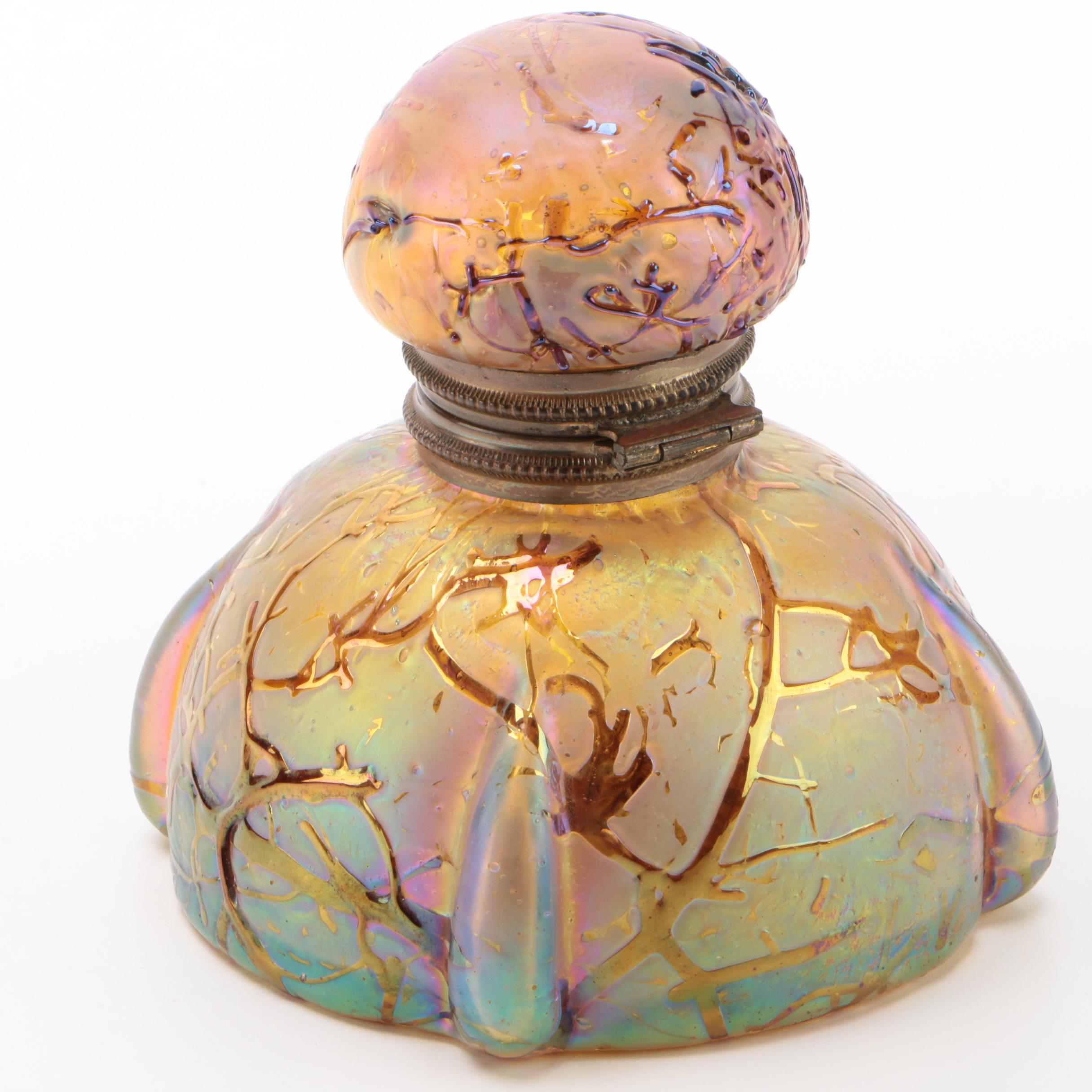 Iridescent Art Glass Inkwell with Hinged Lid, Early to Mid 20th Century ...